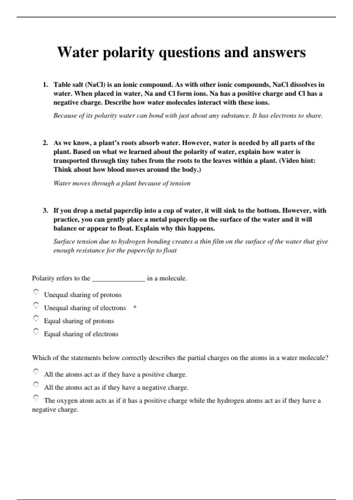 Water polarity questions and answers - Water polarity - Stuvia US