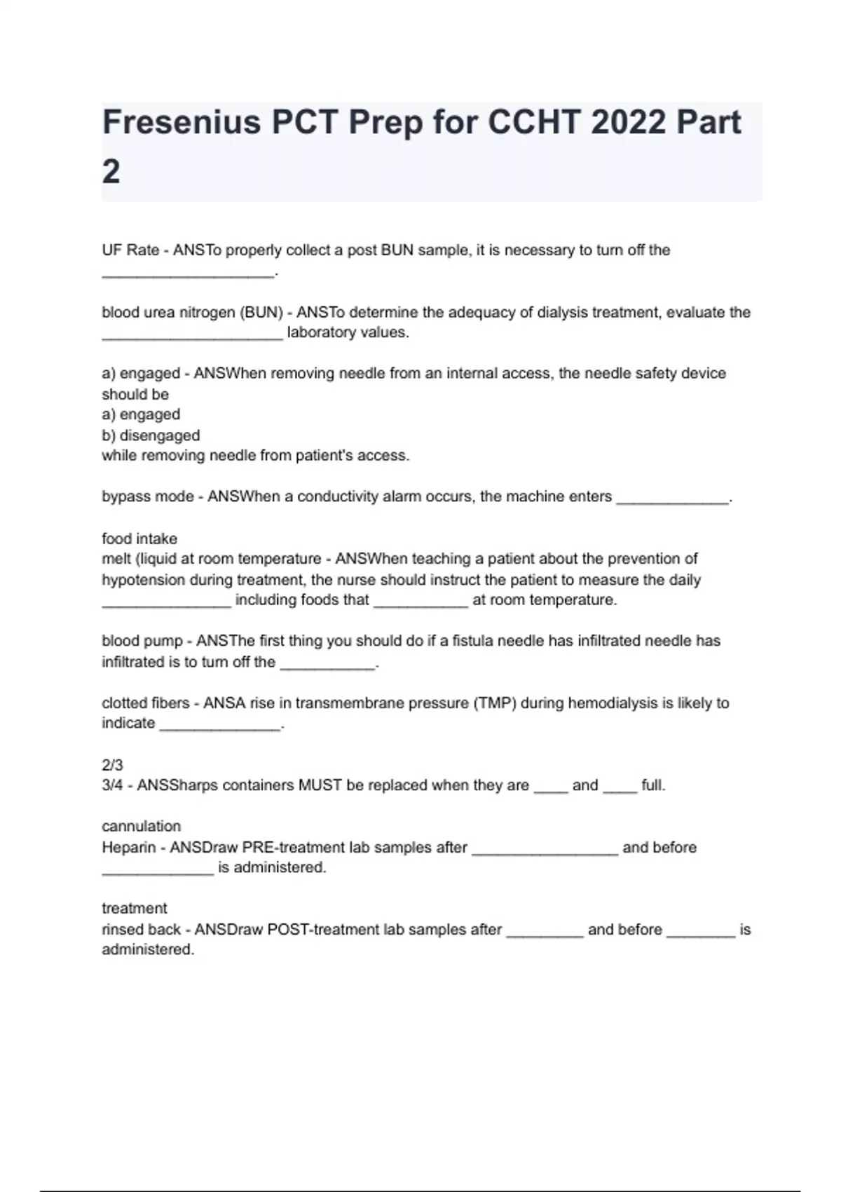 Fresenius PCT Prep for CCHT Part 2 NEWEST 2026/2027 ACTUAL EXAM ...