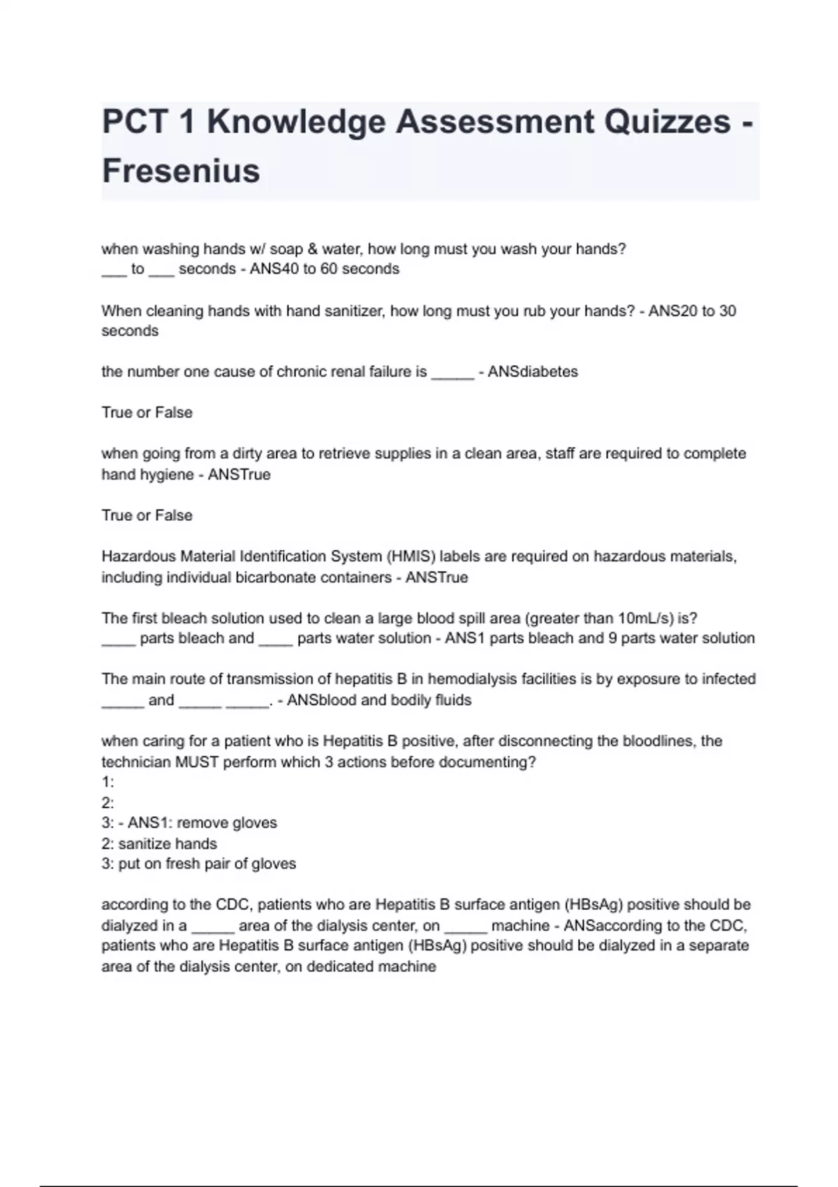 PCT 1 Knowledge Assessment Quizzes - Fresenius questions and answers rated A+ 2024/2025 ...