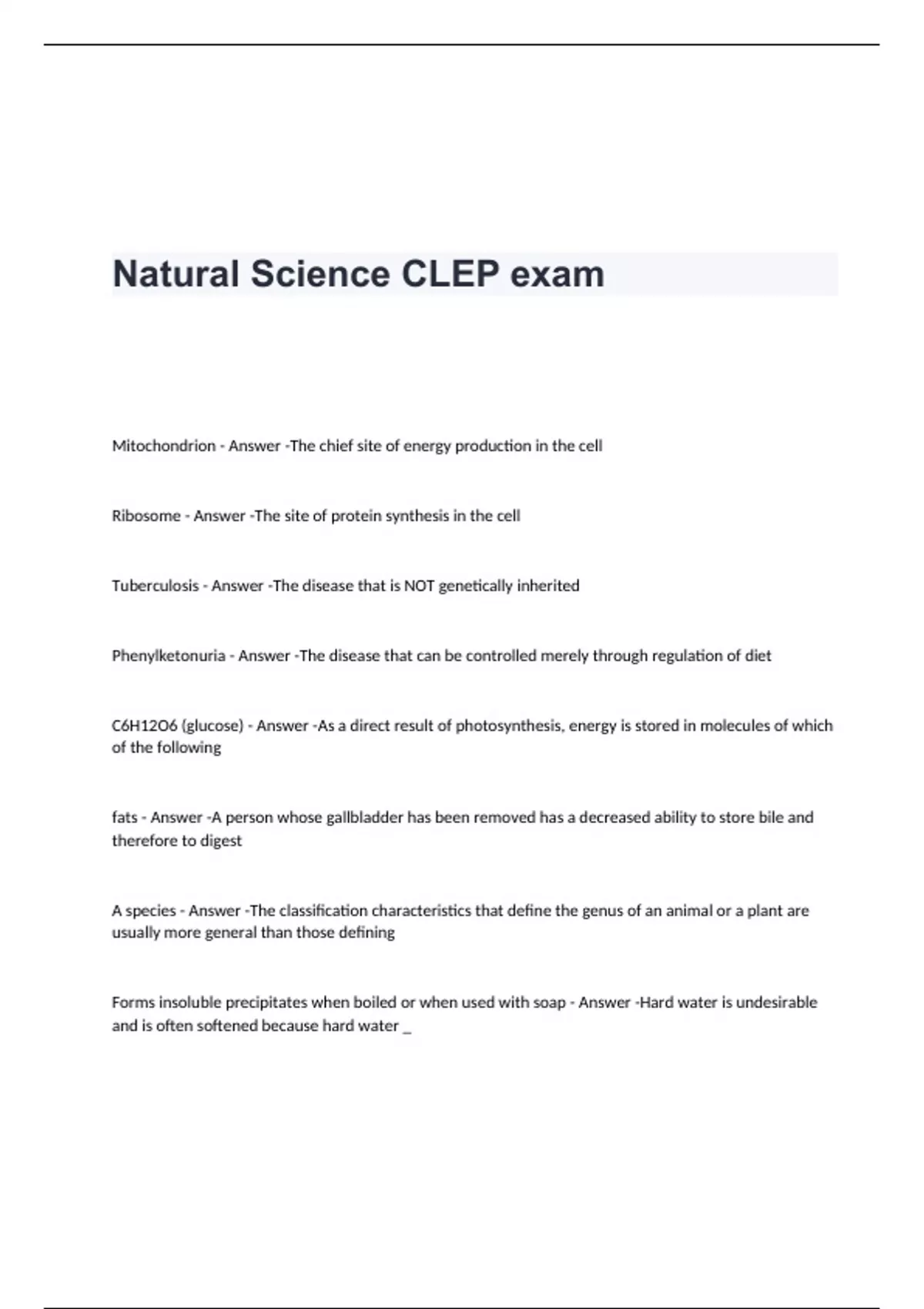 Natural Science CLEP Exam Questions with Correct and Complete Answers ...
