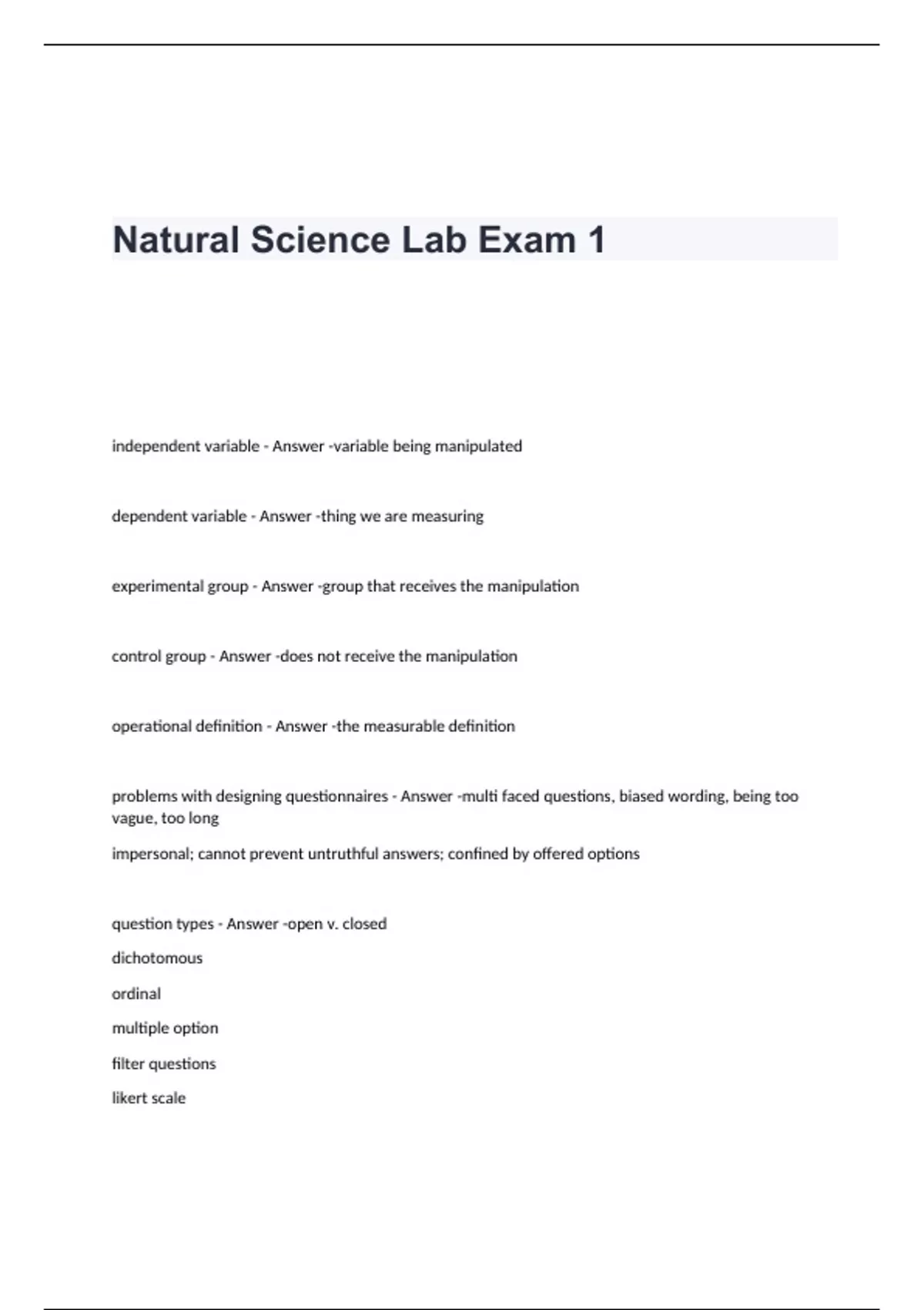 Natural Science Lab Exam 1 Questions and Answers - Natural Science ...