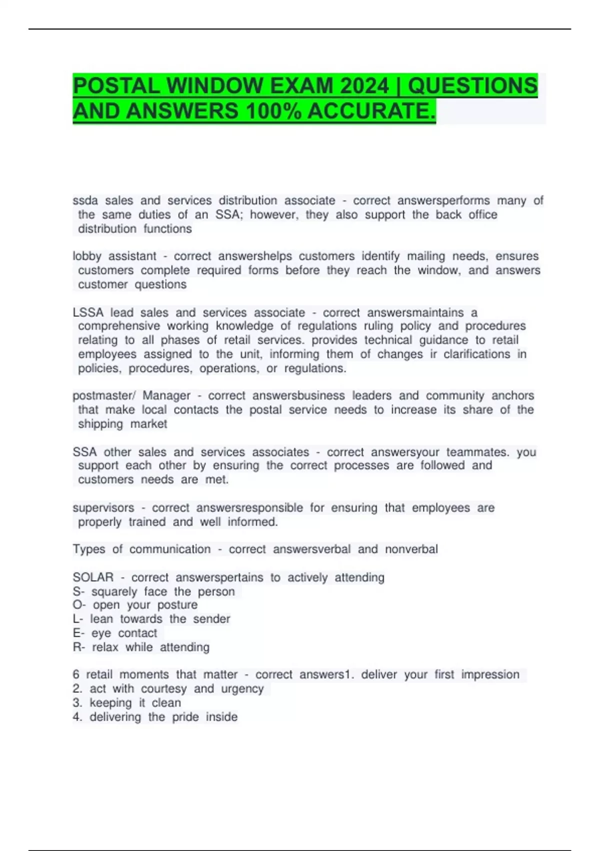 POSTAL WINDOW EXAM 2024 | QUESTIONS AND ANSWERS 100% ACCURATE. - USPS ...