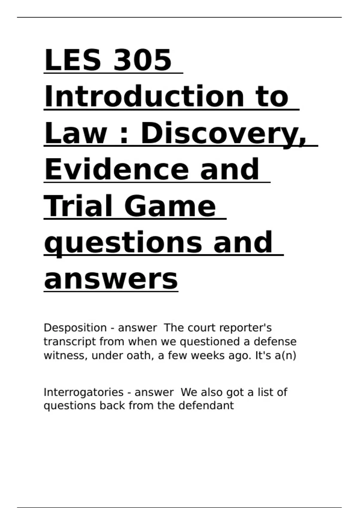 LES 305 Introduction to Law Discovery, Evidence and Trial Game ...