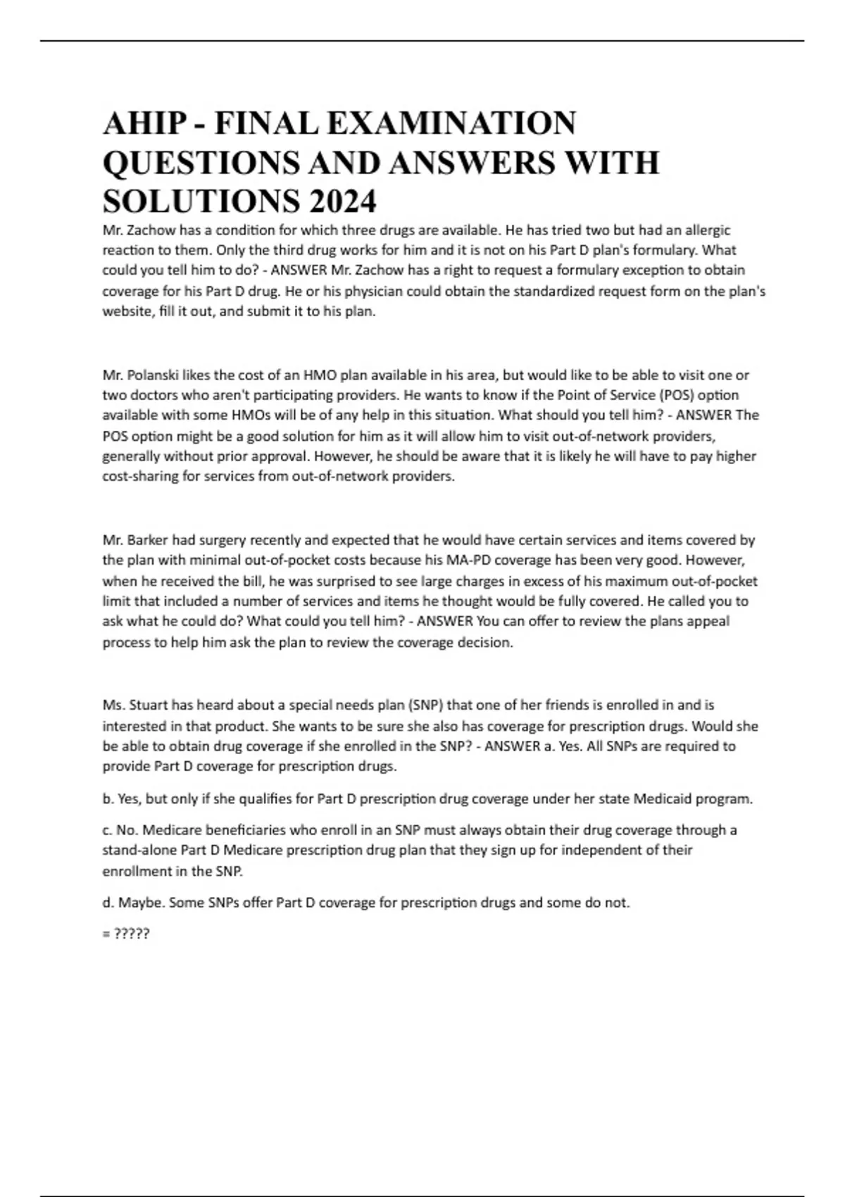 AHIP - FINAL EXAMINATION QUESTIONS AND ANSWERS WITH SOLUTIONS 2024 ...