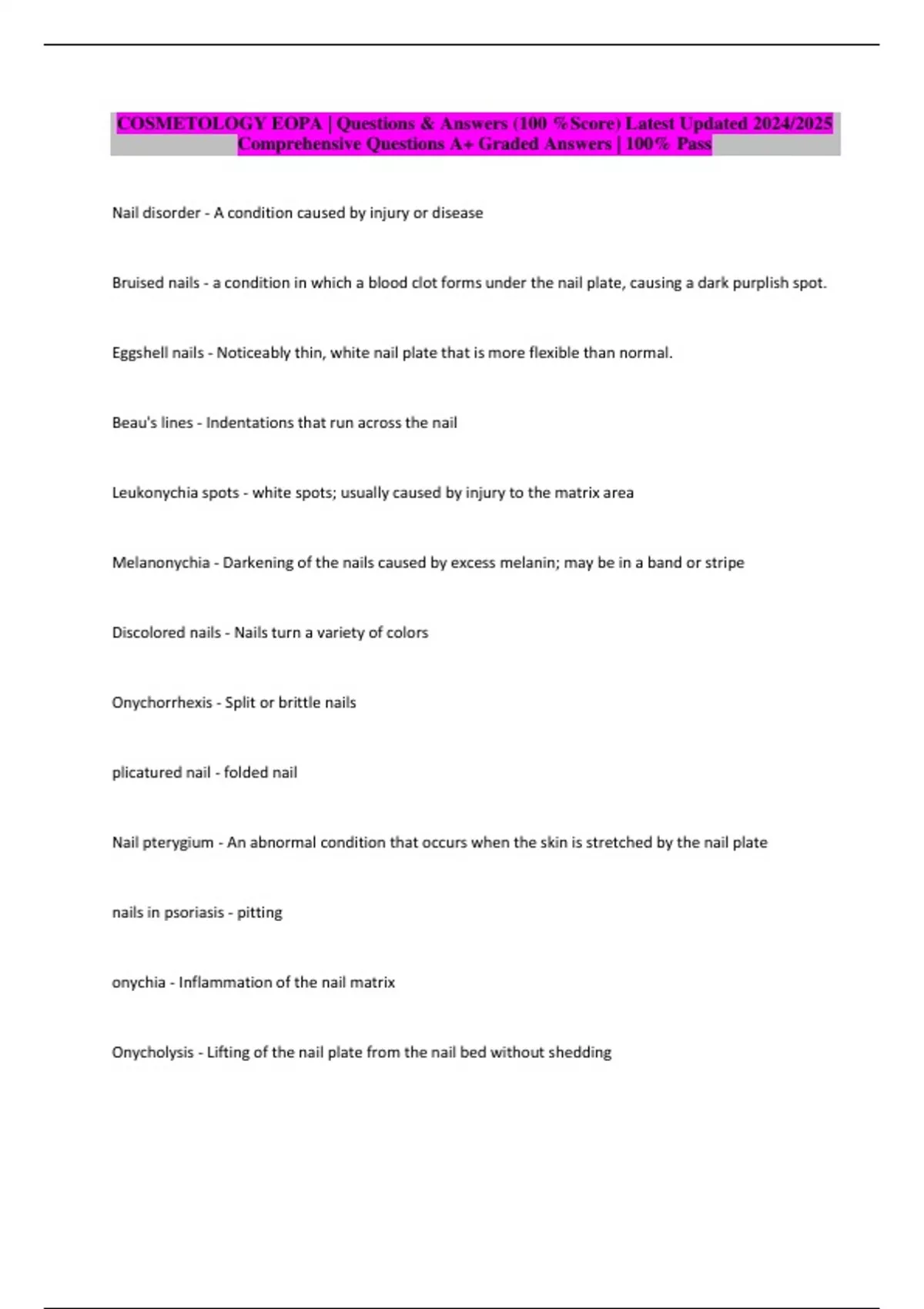 Cosmetology Eopa Questions And Answers 100 Score Latest Updated 2024 2025 Comprehensive