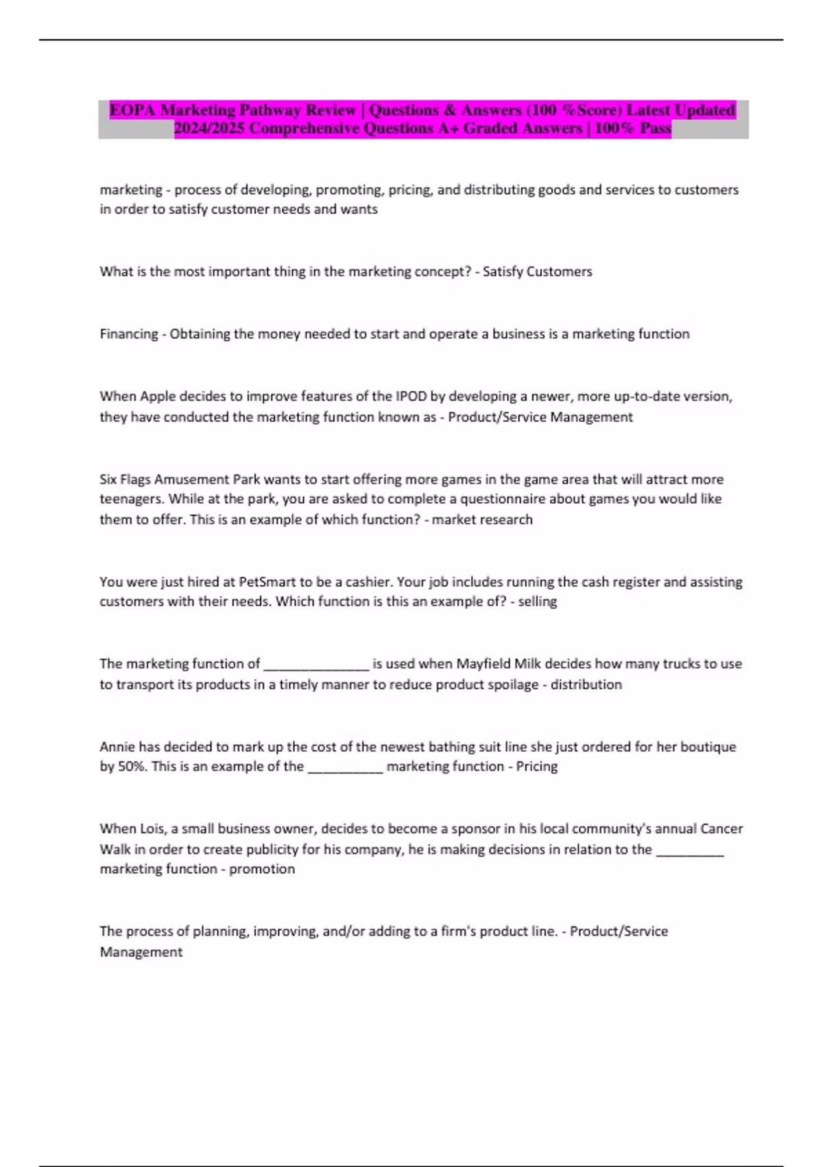 EOPA Marketing Pathway Review | Questions & Answers (100 %Score) Latest ...