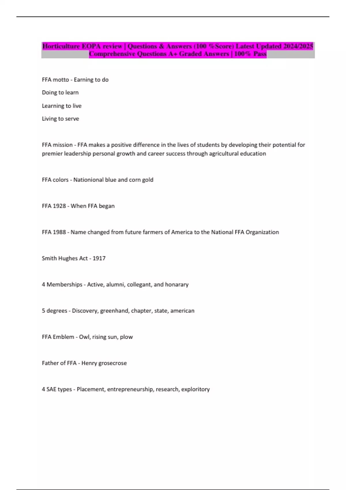 Horticulture Eopa Review Questions And Answers 100 Score Latest Updated 2024 2025