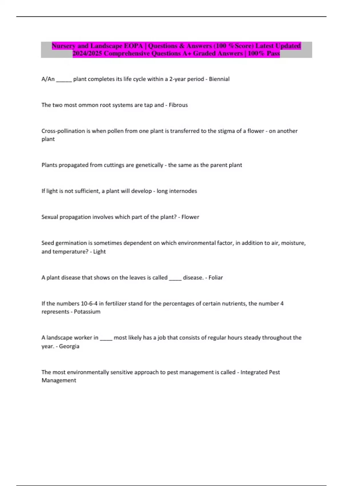 Nursery And Landscape Eopa Questions And Answers 100 Score Latest Updated 2024 2025