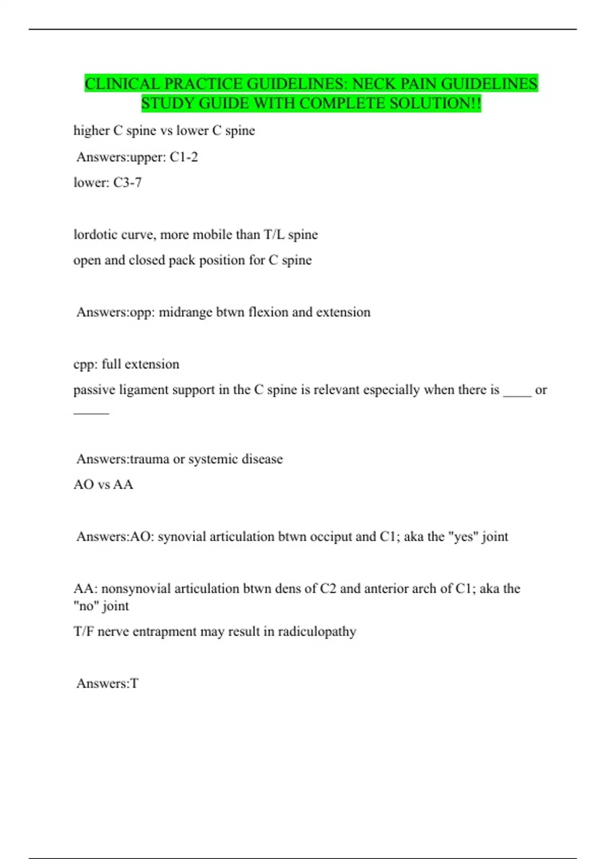 CLINICAL PRACTICE GUIDELINES: NECK PAIN GUIDELINES STUDY GUIDE WITH ...