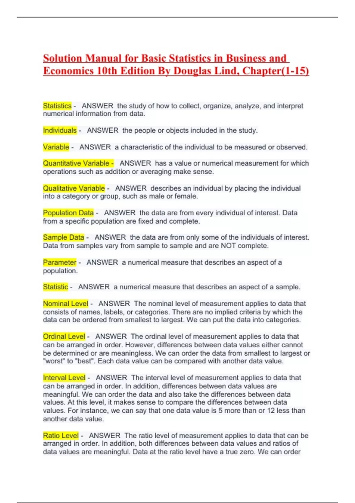 Solution Manual for Basic Statistics in Business and Economics 10th ...