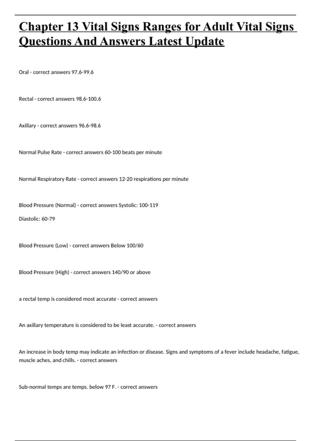 Chapter 13 Vital Signs Ranges for Adult Vital Signs Questions And ...