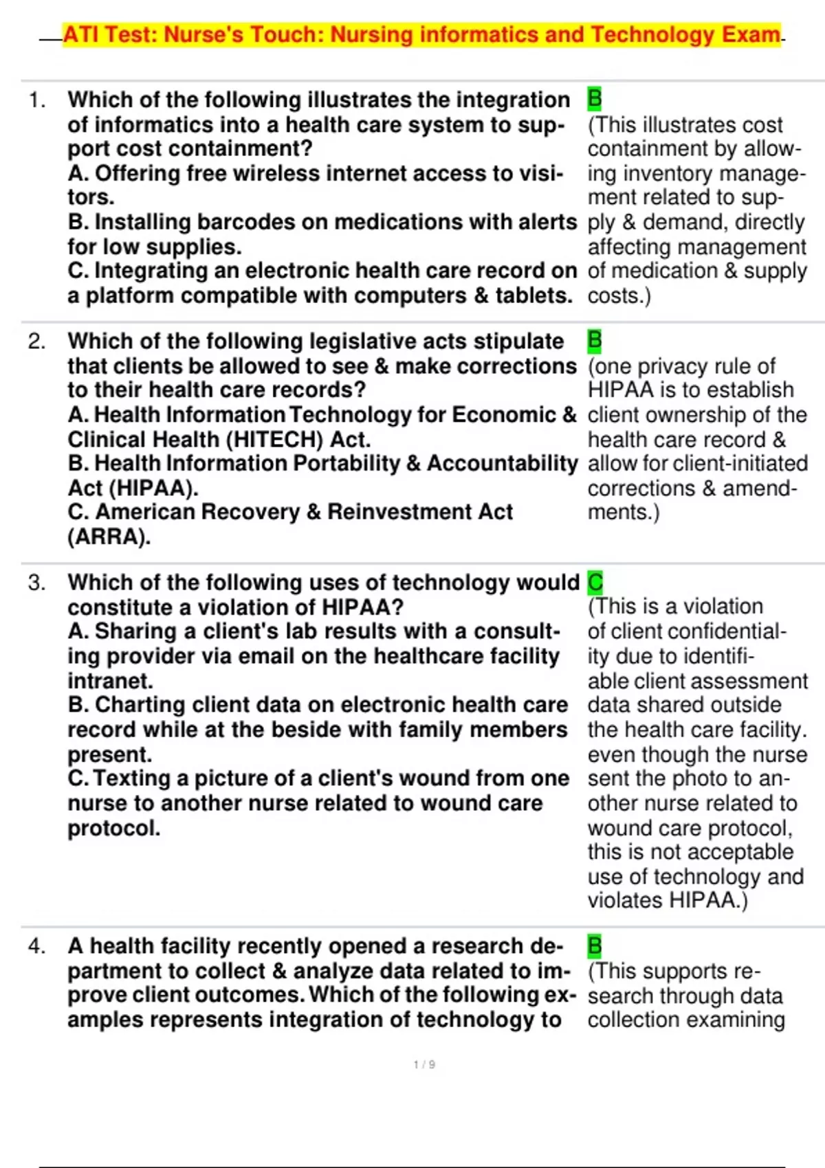 ATI Test: Nurse's Touch: Nursing informatics and Technology Exam - ATI ...