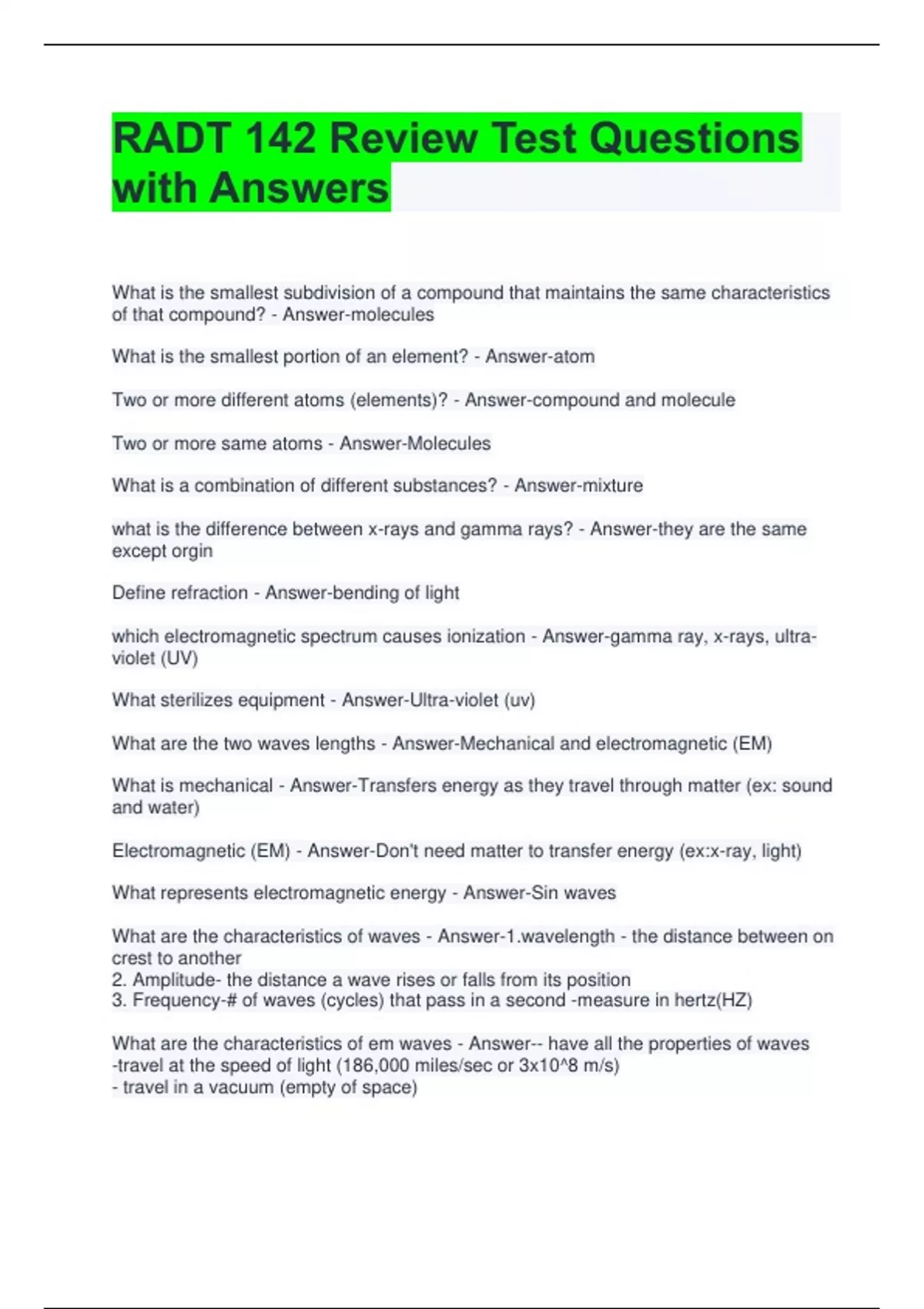 RADT 142 Review Test Questions with Answers - RADT 142 - Stuvia US