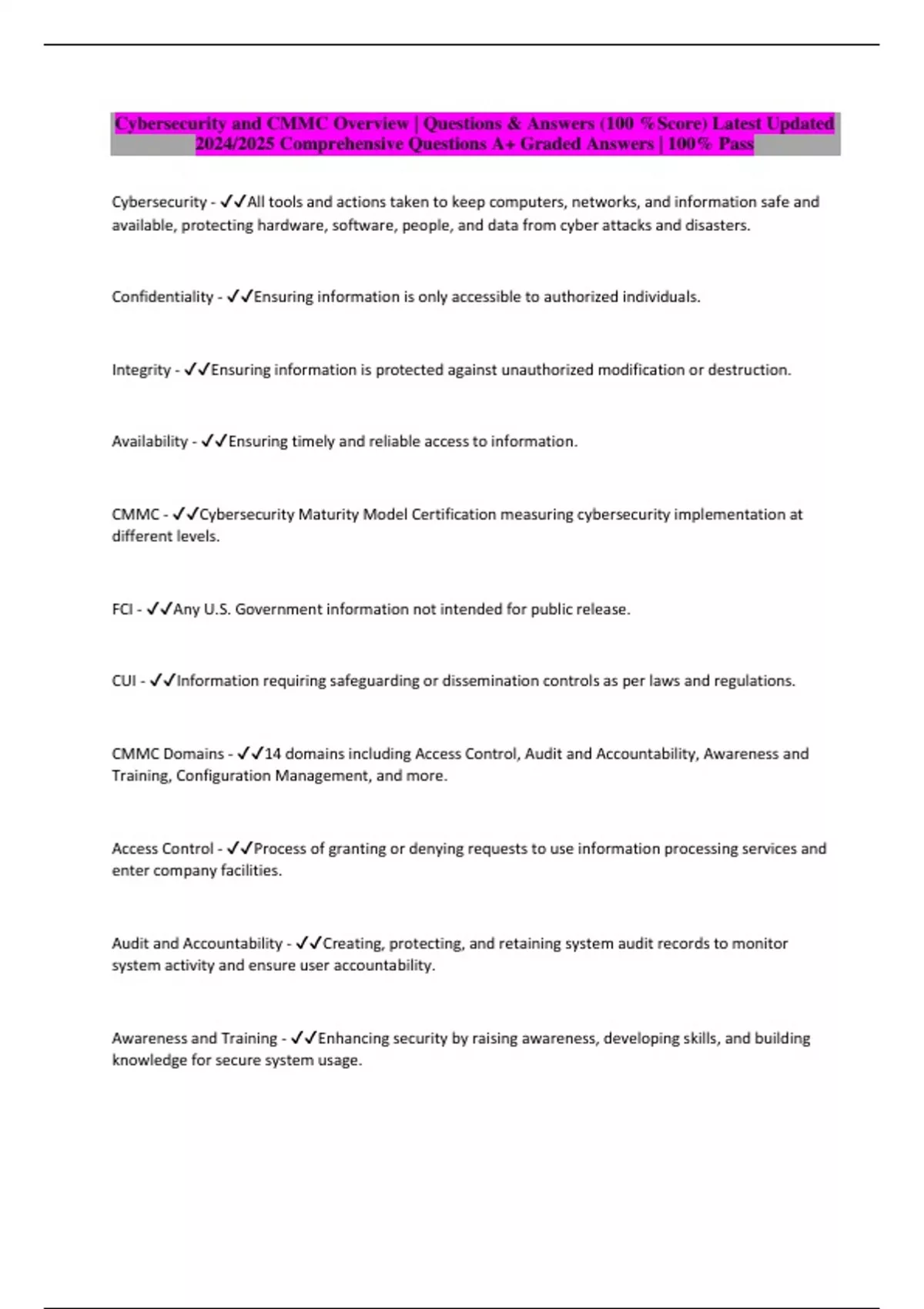 Cybersecurity And Cmmc Overview Questions And Answers 100 Score Latest Updated 2024 2025