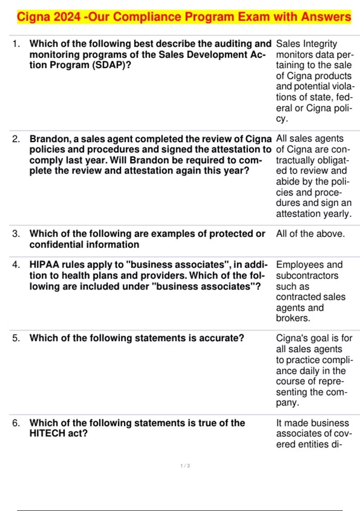 Cigna 2024 -Our Compliance Program Exam with Answers - Cigna 2024 -Our ...