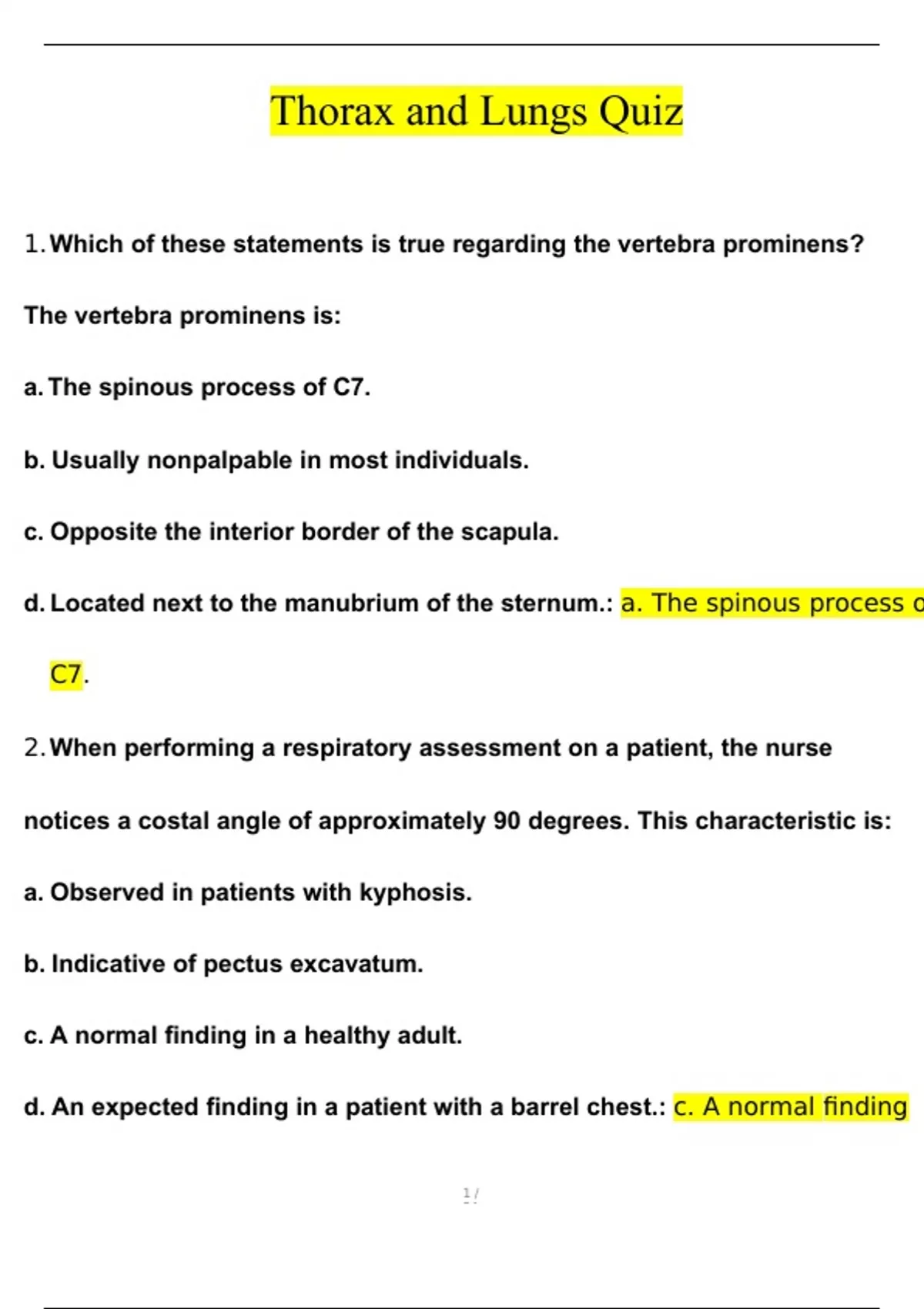 Thorax and Lungs Quiz Questions and Answers (2024 / 2025) (Verified ...