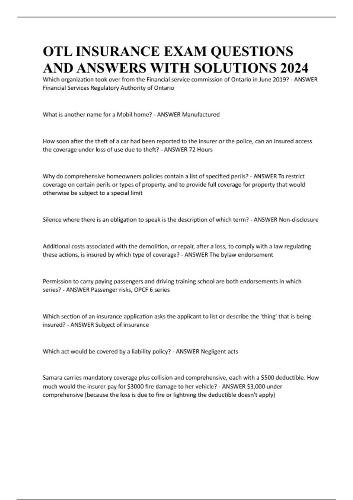 OTL INSURANCE EXAM QUESTIONS AND ANSWERS WITH SOLUTIONS 2024 - AWMA ...