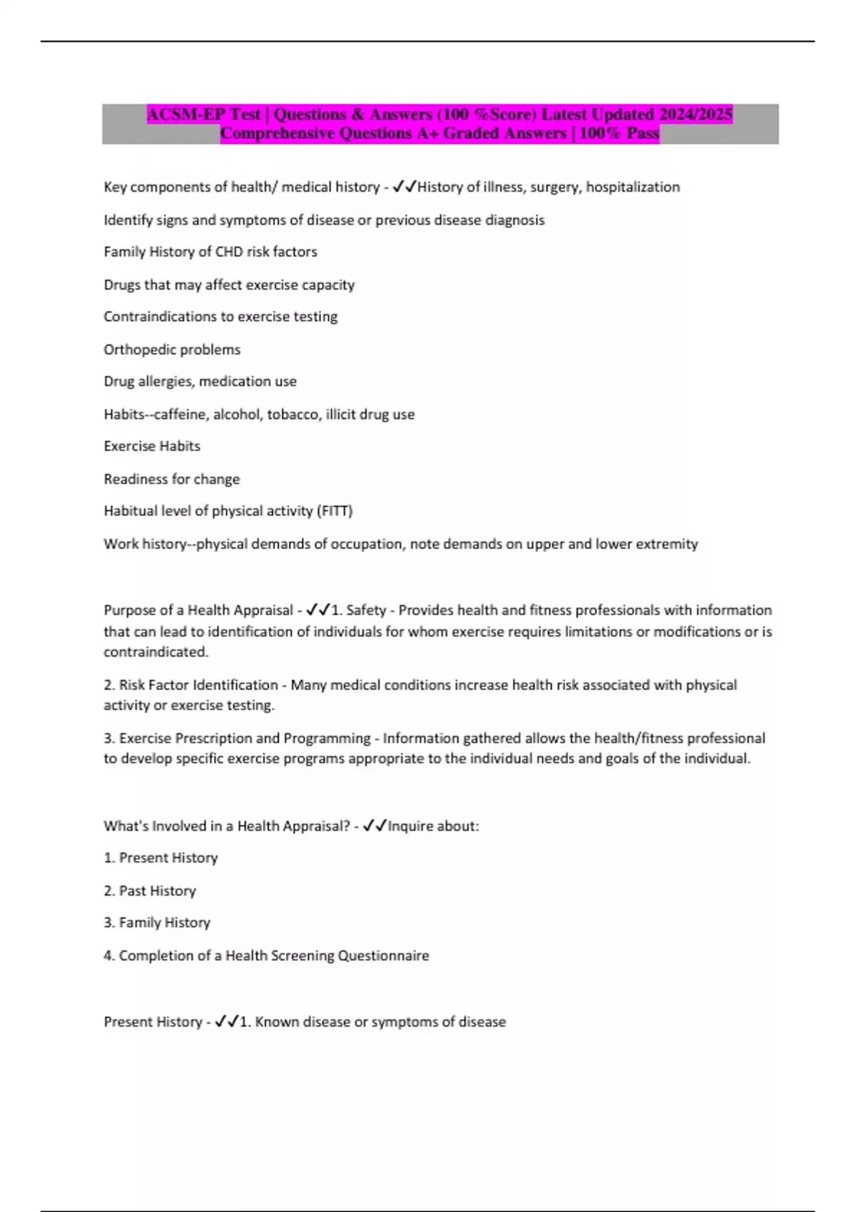 Acsm Ep Test Questions And Answers 100 Score Latest Updated 2024 2025 Comprehensive Questions