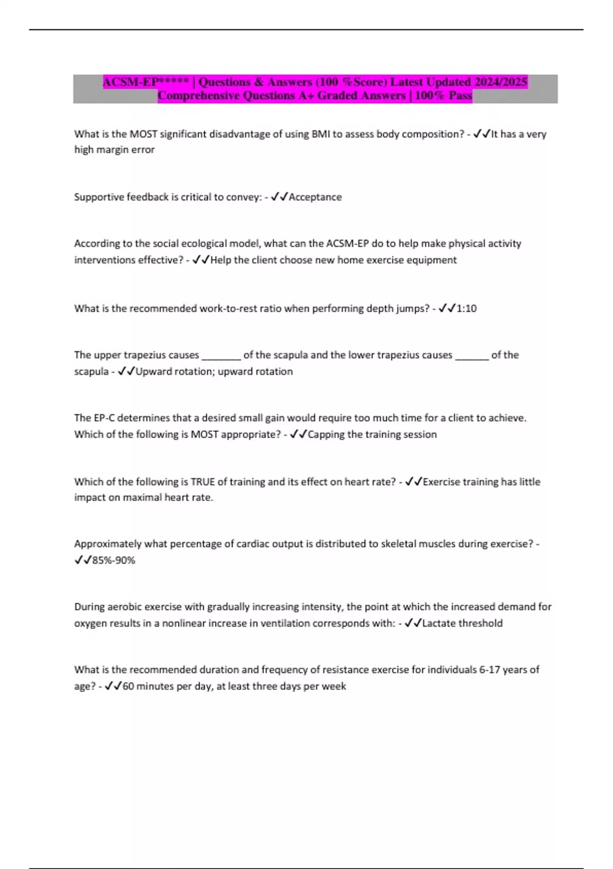 Acsm Ep Questions And Answers 100 Score Latest Updated 2024 2025 Comprehensive Questions