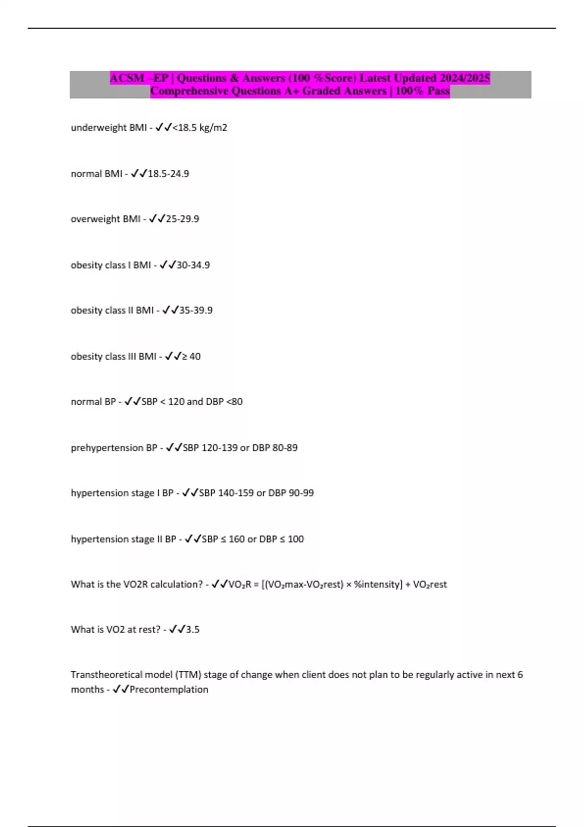 Acsm Ep Questions And Answers 100 Score Latest Updated 2024 2025 Comprehensive Questions A
