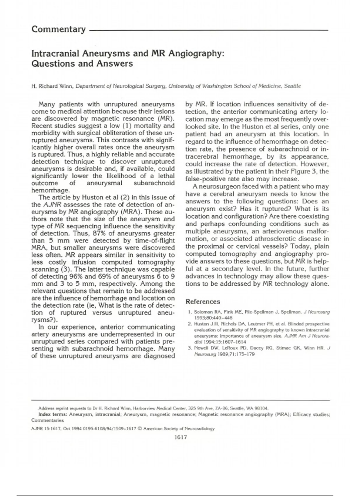Intracranial Aneurysms and MR Angiography: Questions and Answers - Intracranial Aneurysms ...