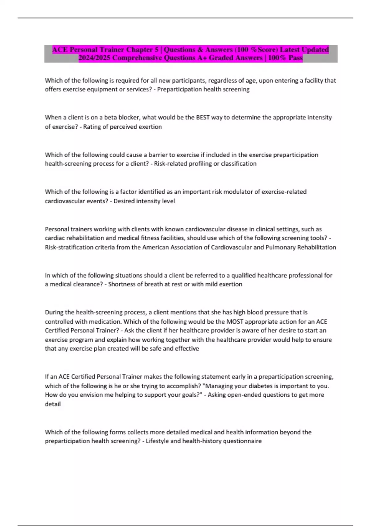 ACE Personal Trainer Chapter 5 | Questions & Answers (100 %Score ...