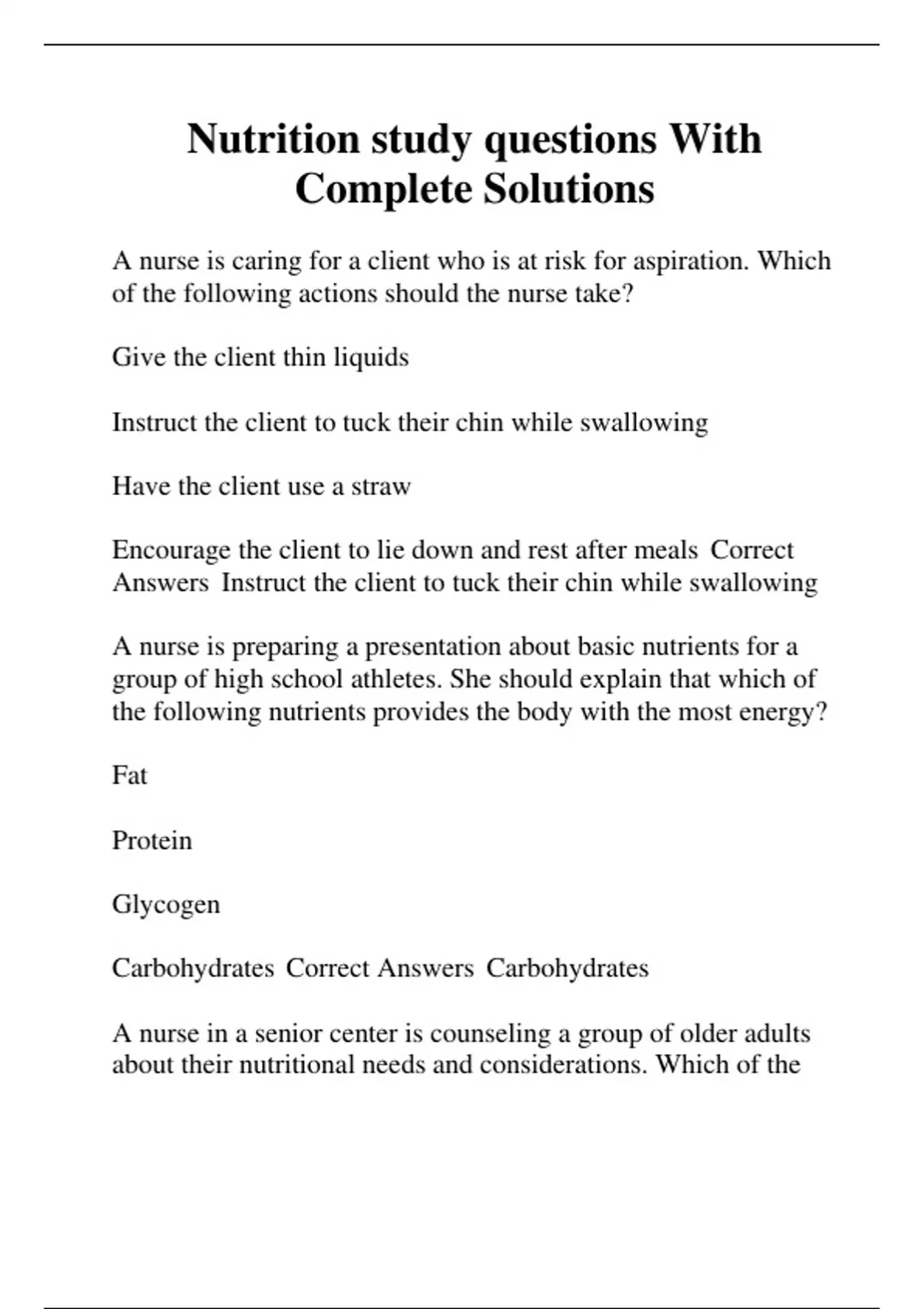 Nutrition study questions With Complete Solutions - Nutrition - Stuvia US