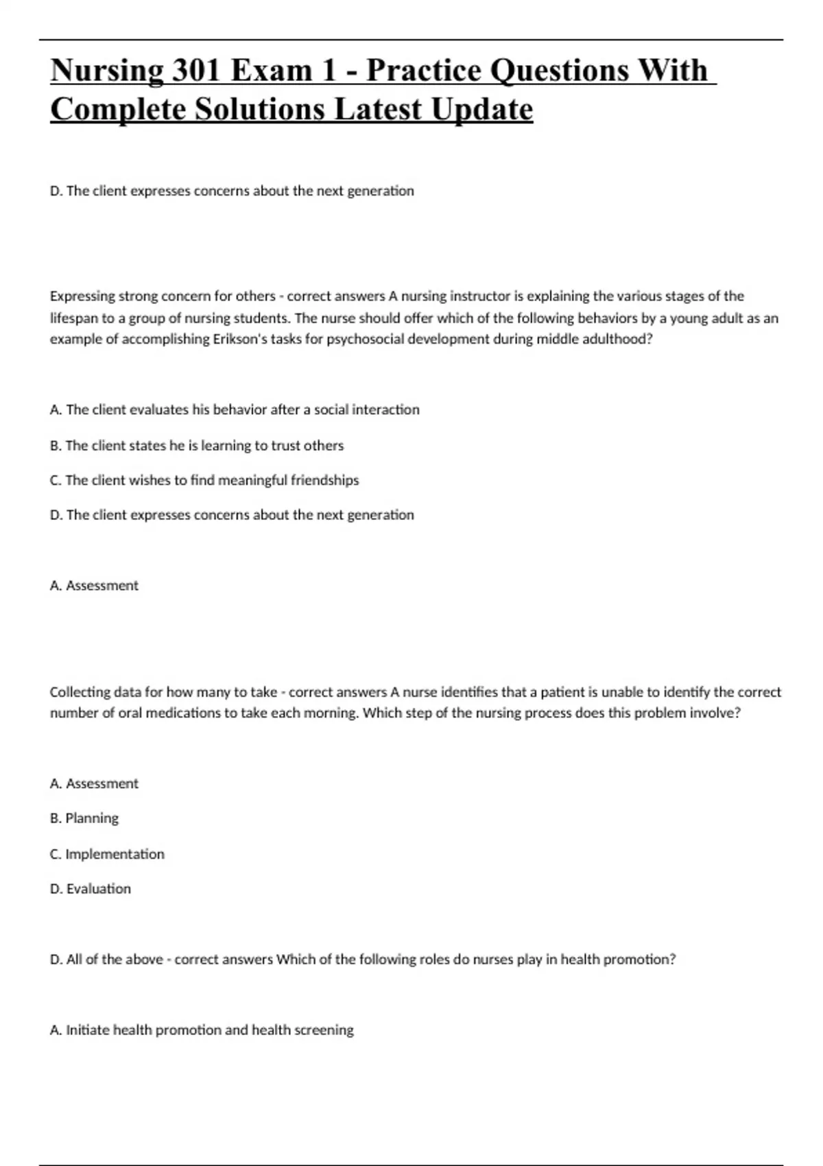 Nursing 301 Exam 1 - Practice Questions With Complete Solutions Latest ...