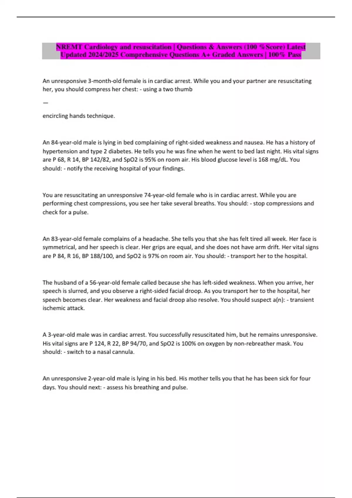 NREMT Cardiology and resuscitation | Questions & Answers (100 %Score ...