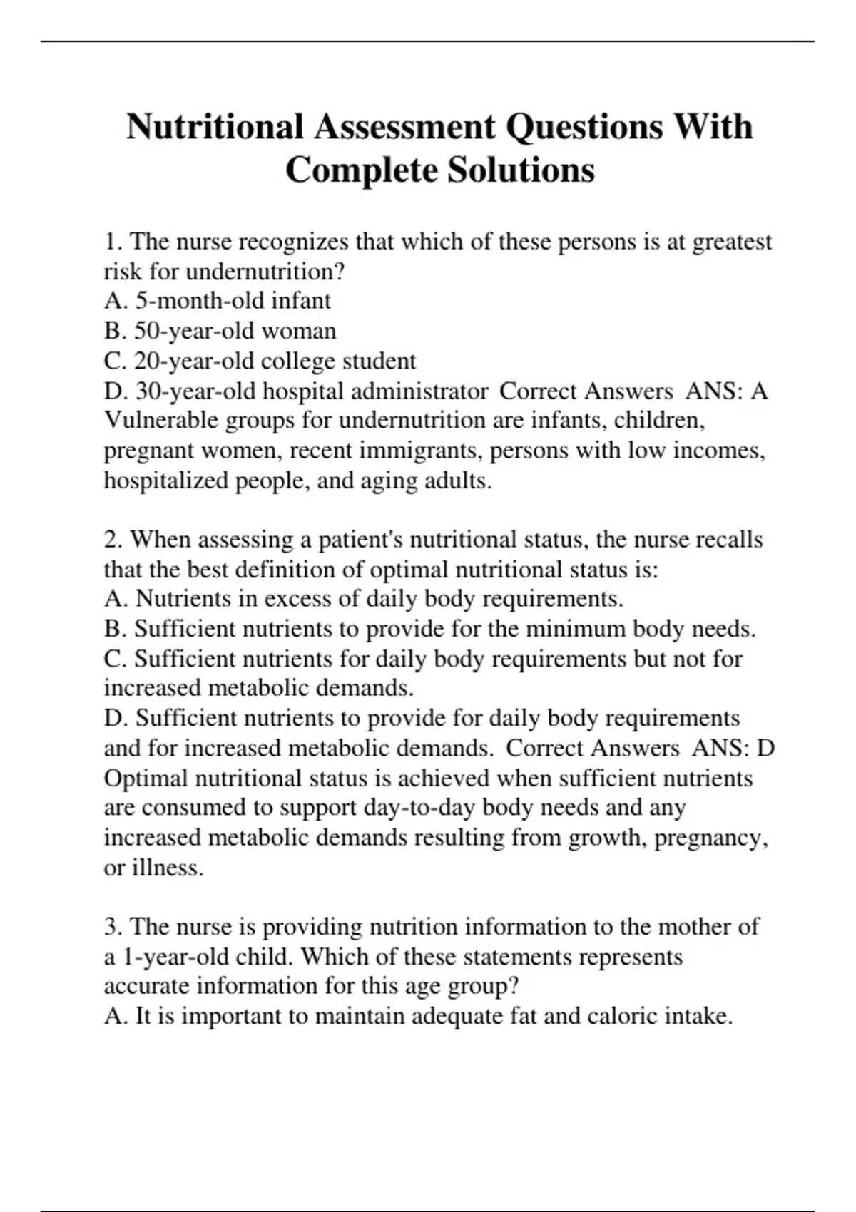 Nutritional Assessment Questions With Complete Solutions - Nutritional ...