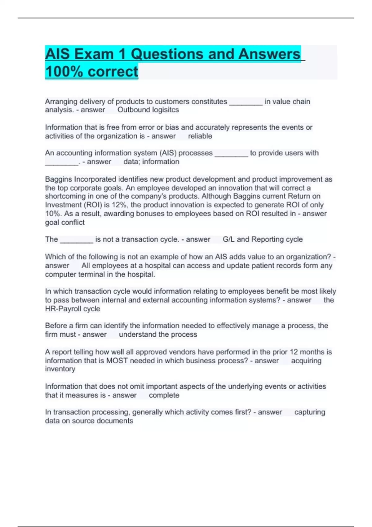 AIS Exam 1 Questions and Answers 100% correct - Ais - Stuvia US