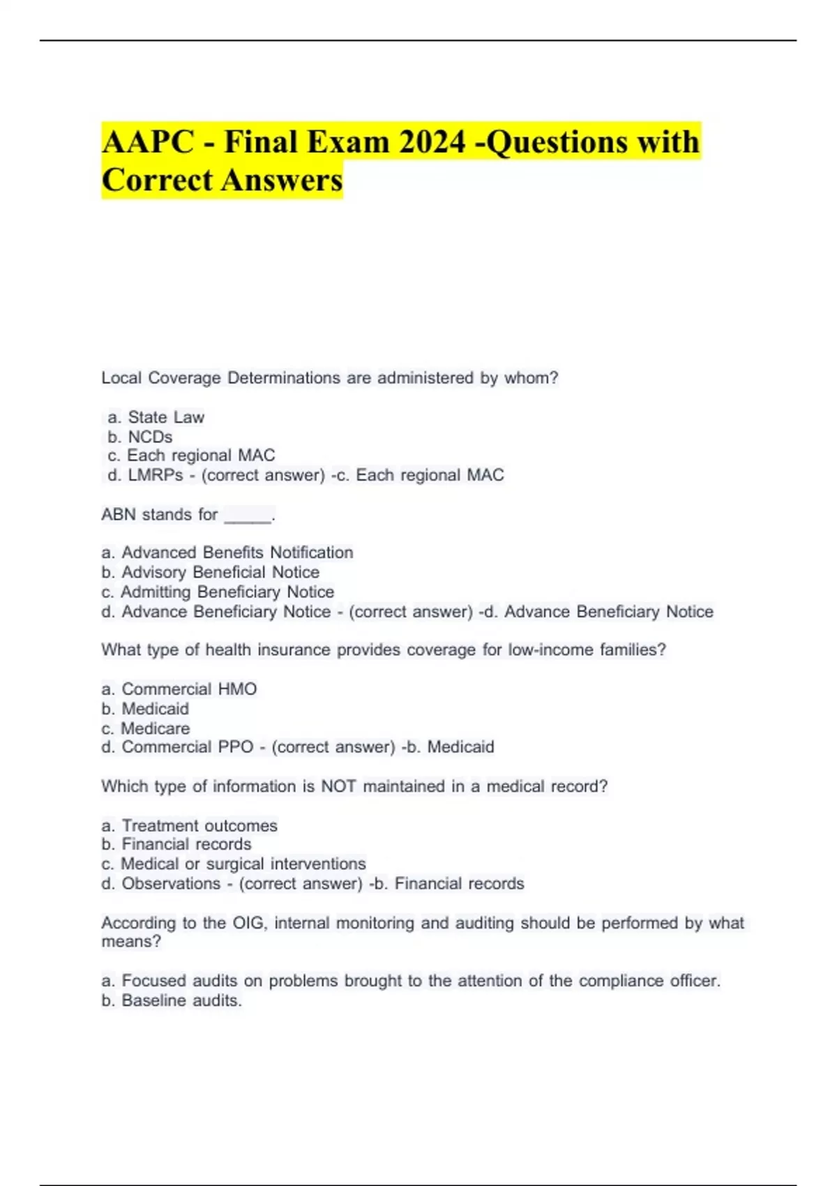 AAPC - Final Exam 2024 -Questions with Correct Answers. - AAPC CPC ...