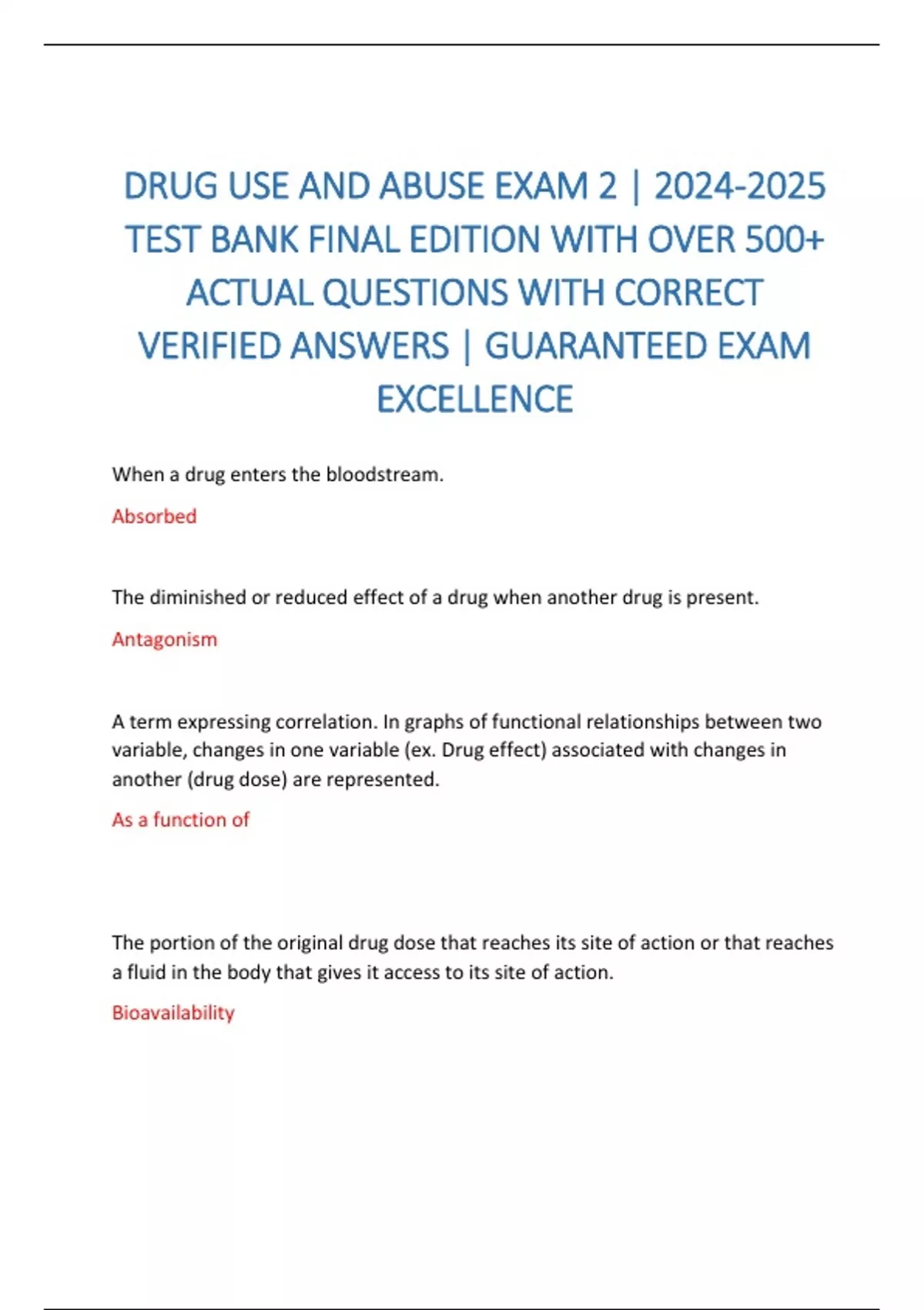DRUG USE AND ABUSE EXAM 2 | TEST BANK FINAL EDITION WITH OVER 500 ...