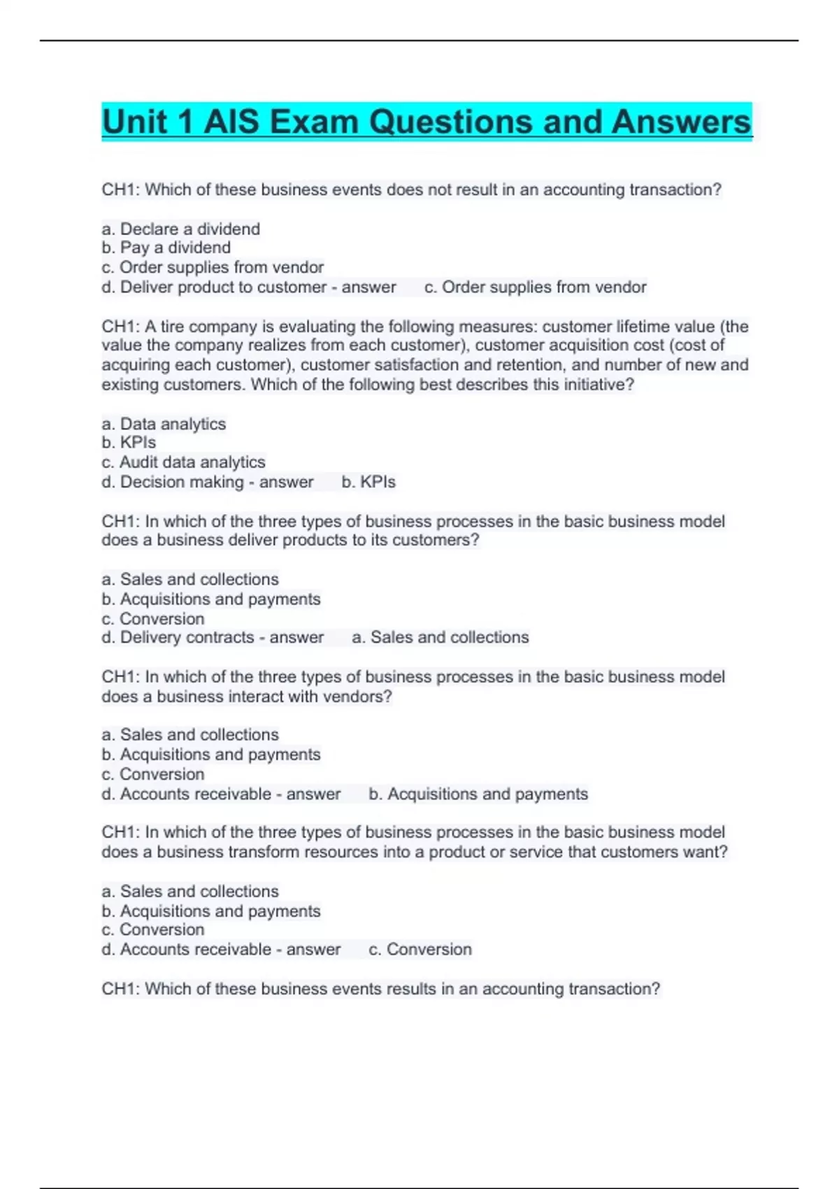 Unit 1 AIS Exam Questions and Answers - Ais - Stuvia US