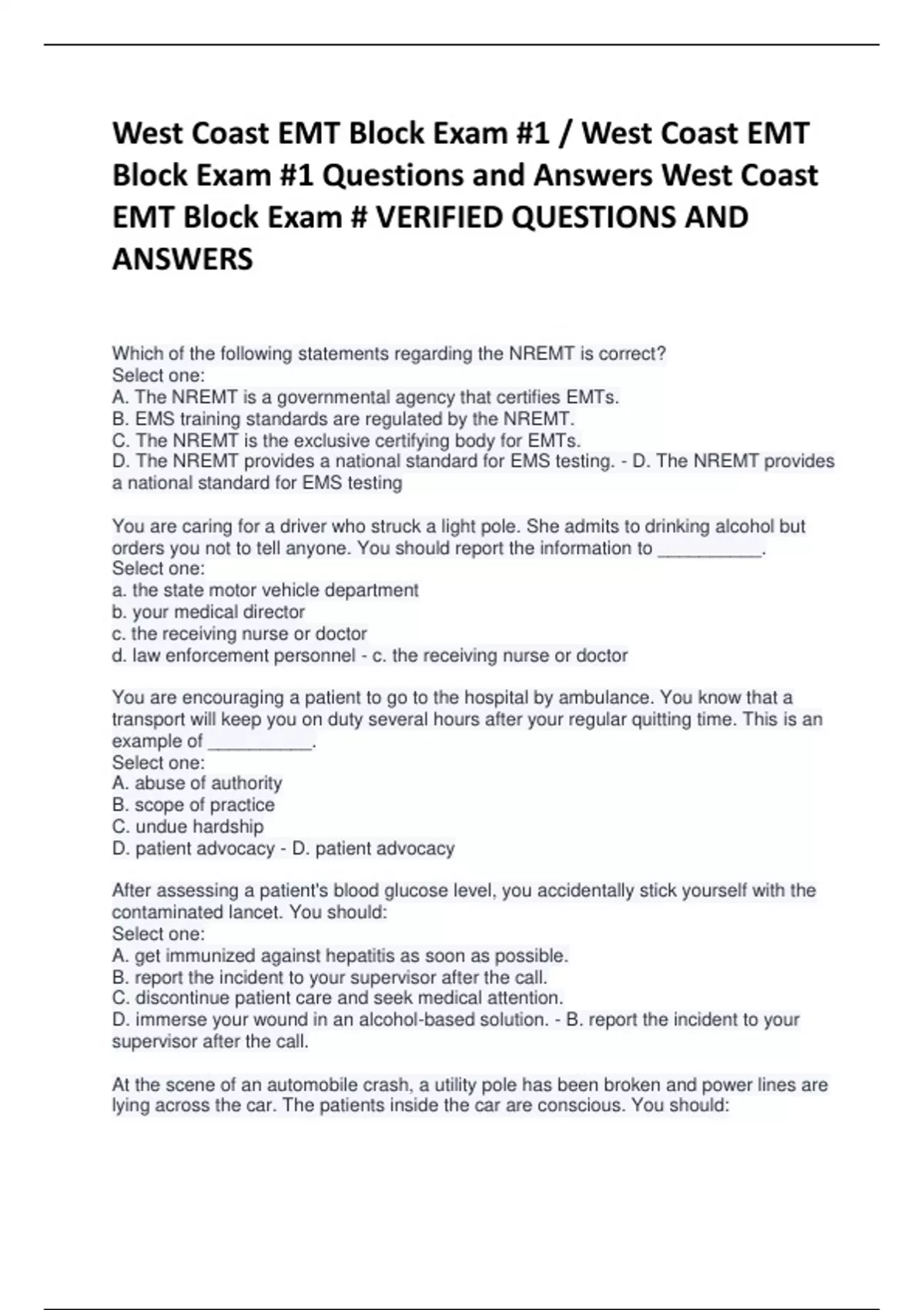 West Coast EMT Block Exam #1 / West Coast EMT Block Exam #1 Questions ...