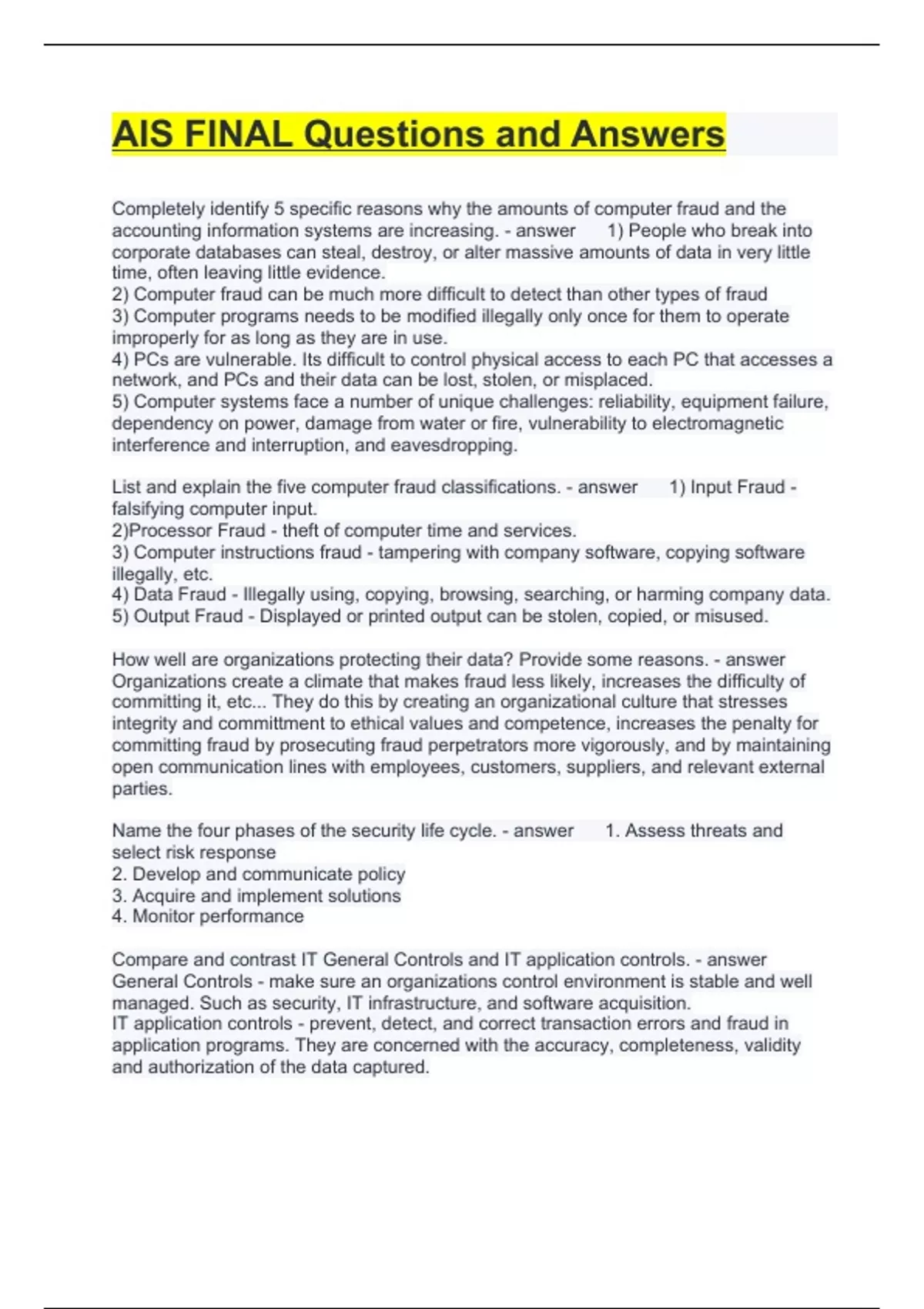 AIS FINAL Questions and Answers - Ais - Stuvia US