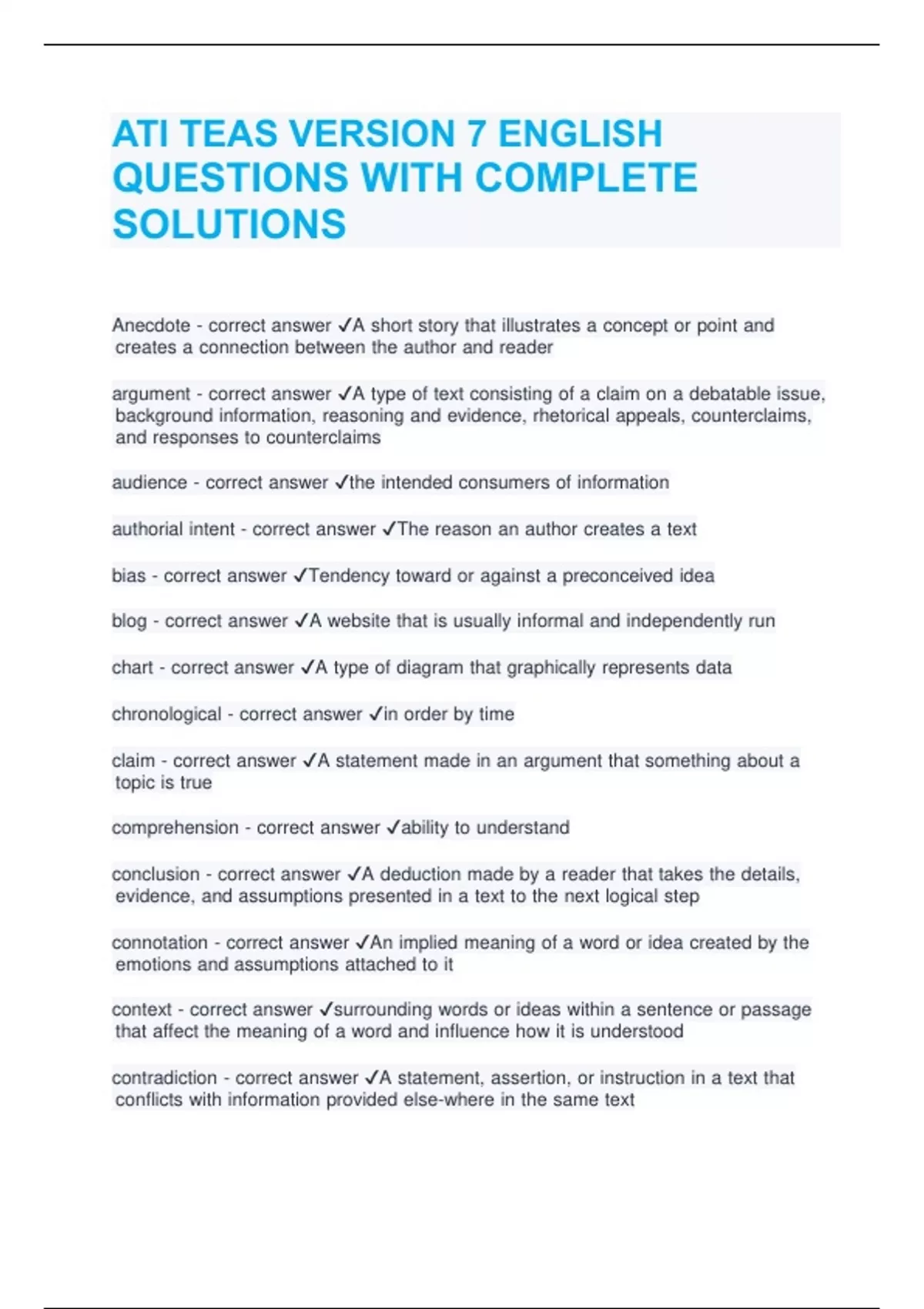 ATI TEAS VERSION 7 ENGLISH QUESTIONS WITH COMPLETE SOLUTIONS - ATI TEAS ...
