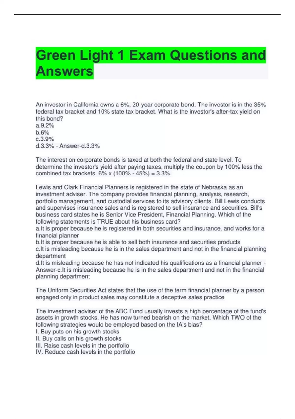 Green Light 1 Exam Questions and Answers - Green Light - Stuvia US