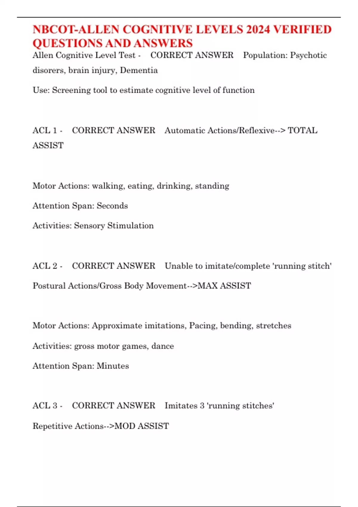 NBCOT-ALLEN COGNITIVE LEVELS 2024 VERIFIED QUESTIONS AND ANSWERS ...