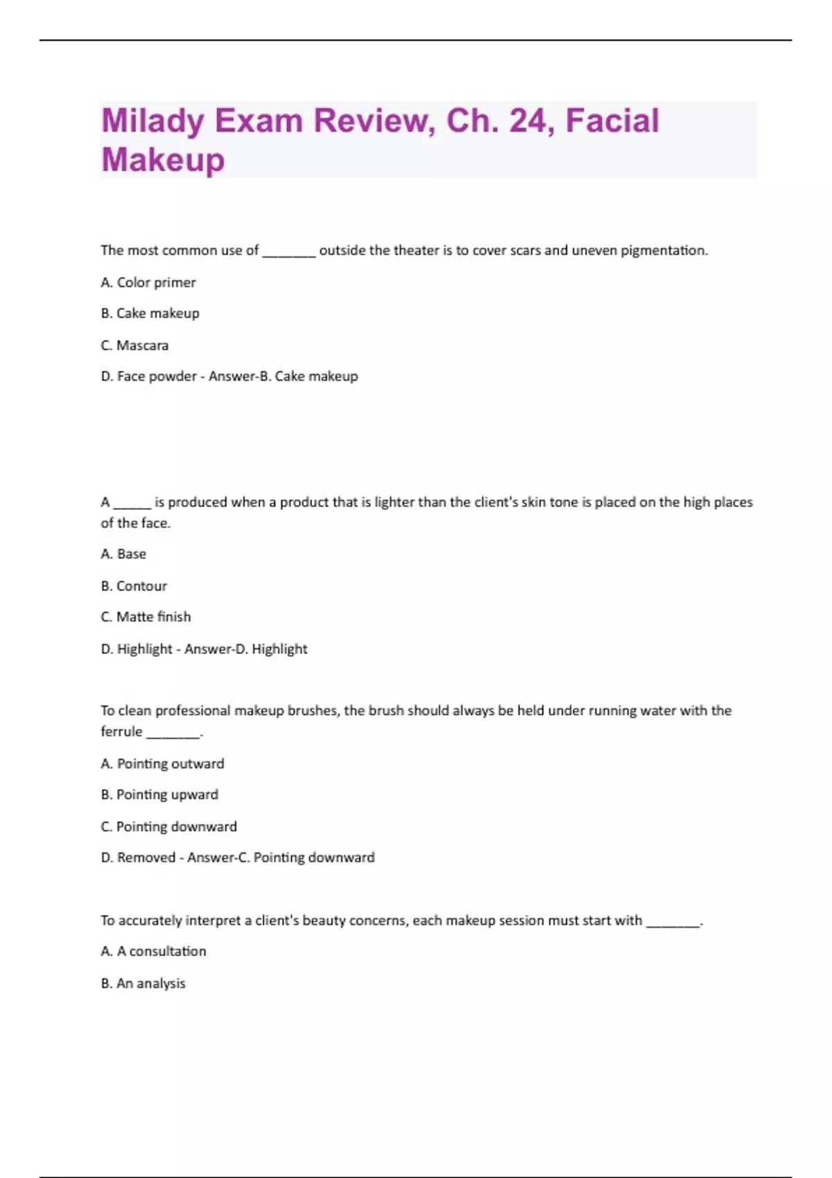 Milady Exam Review, Ch. 24, Facial Makeup Latest(2024/2025) Updated ...
