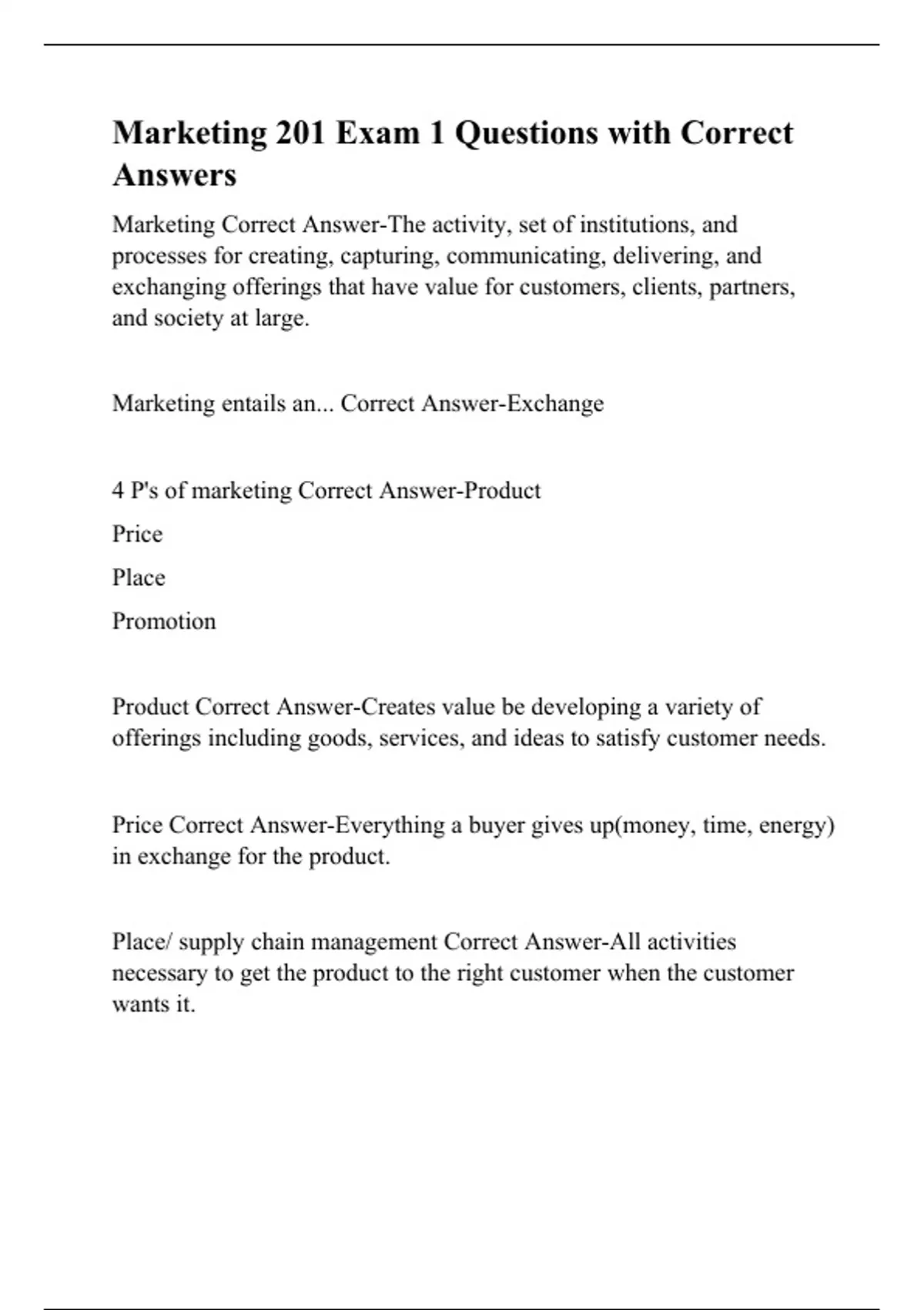 Marketing 201 Exam 1 Questions with Correct Answers - Mareketing ...