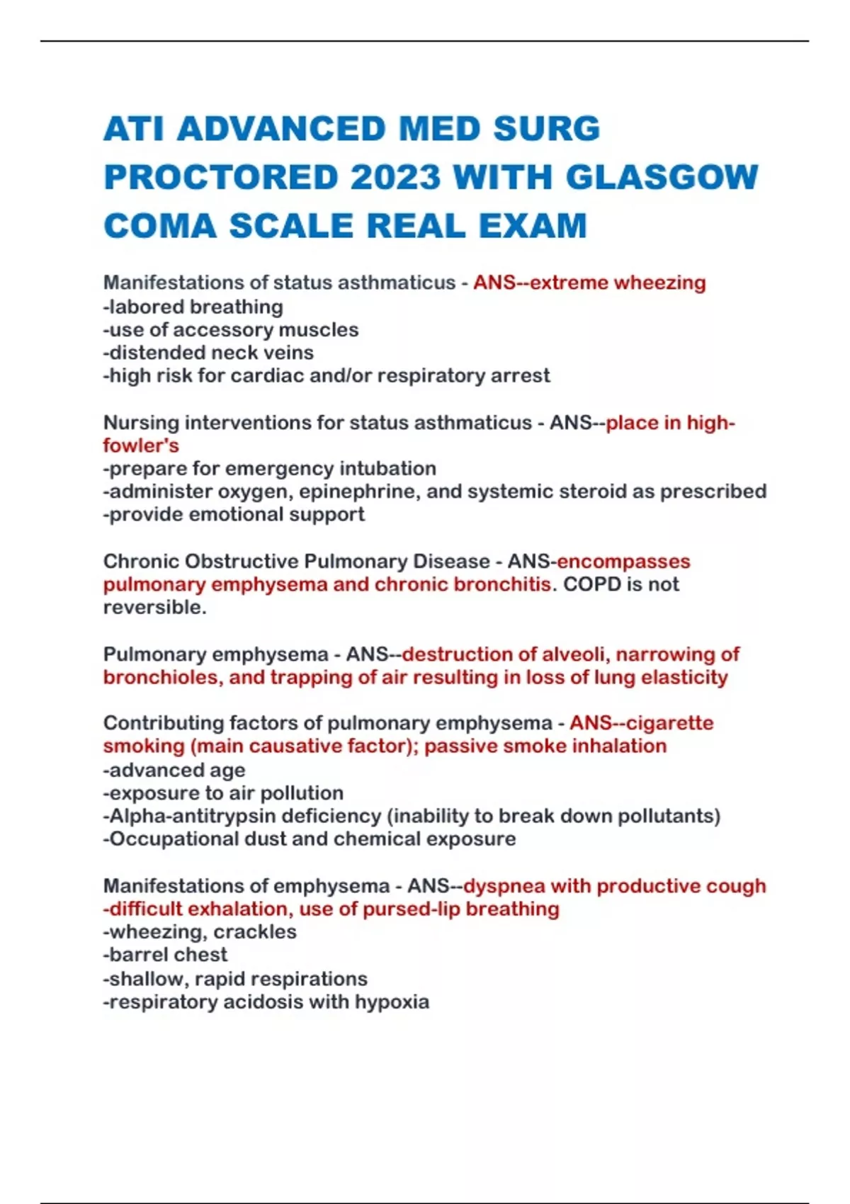 ATI ADVANCED MED SURG PROCTORED 2023 WITH GLASGOW COMA SCALE REAL EXAM ...