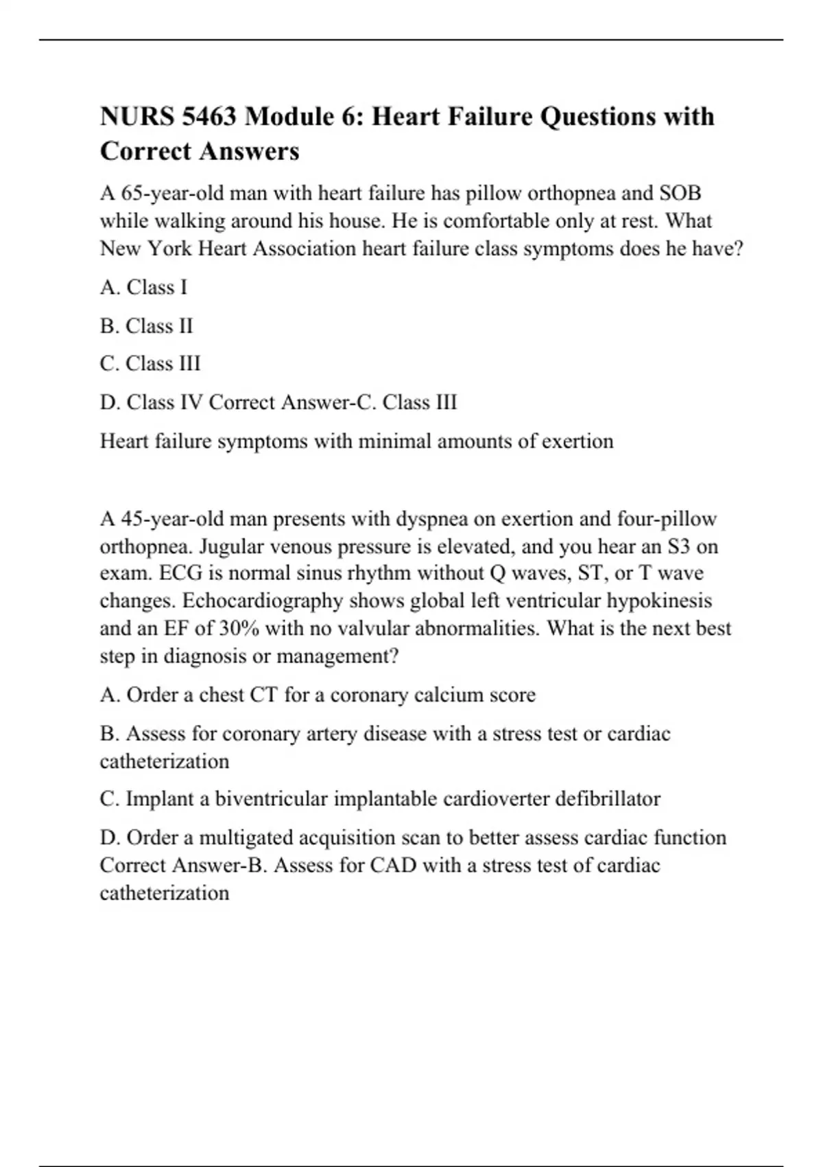 NURS 5463 Module 6: Heart Failure Questions with Correct Answers - RN ...