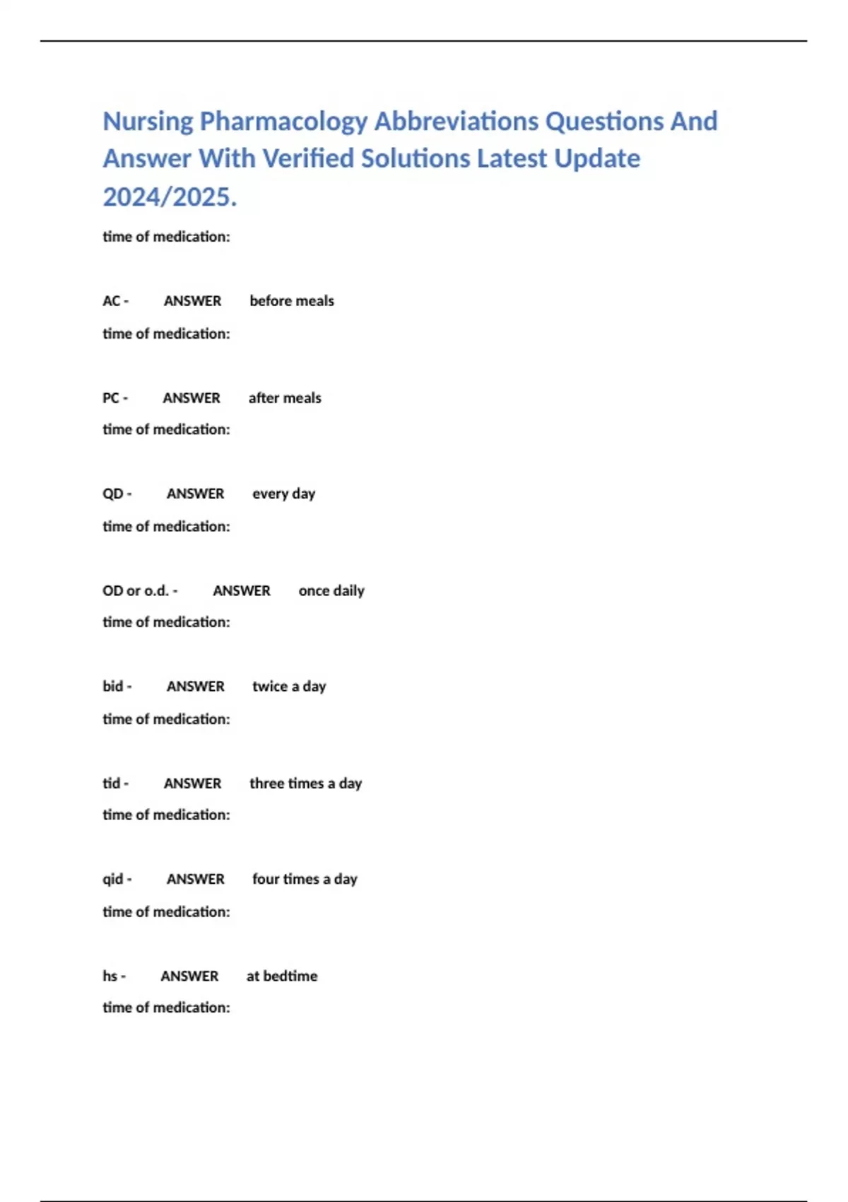 Nursing Pharmacology Abbreviations Questions And Answer With Verified ...