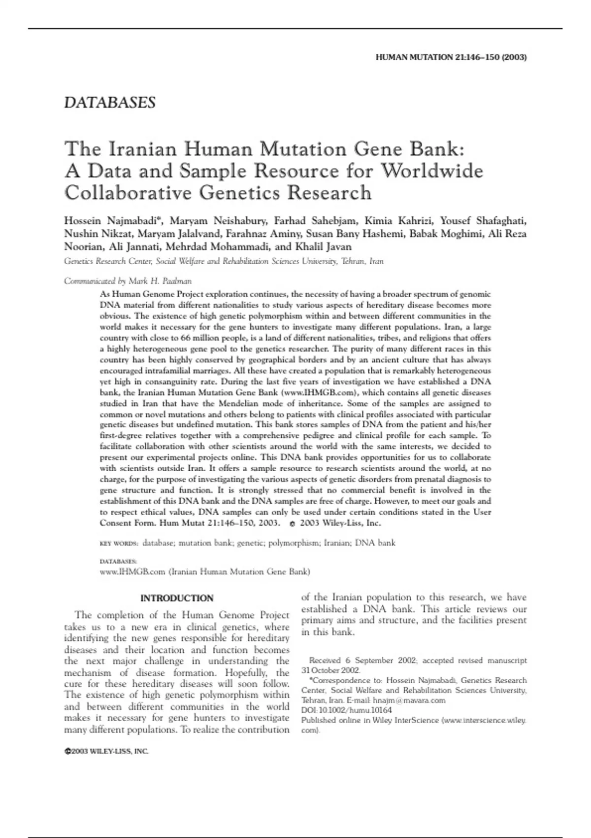 The Iranian Human Mutation Gene Bank: A Data and Sample Resource for ...