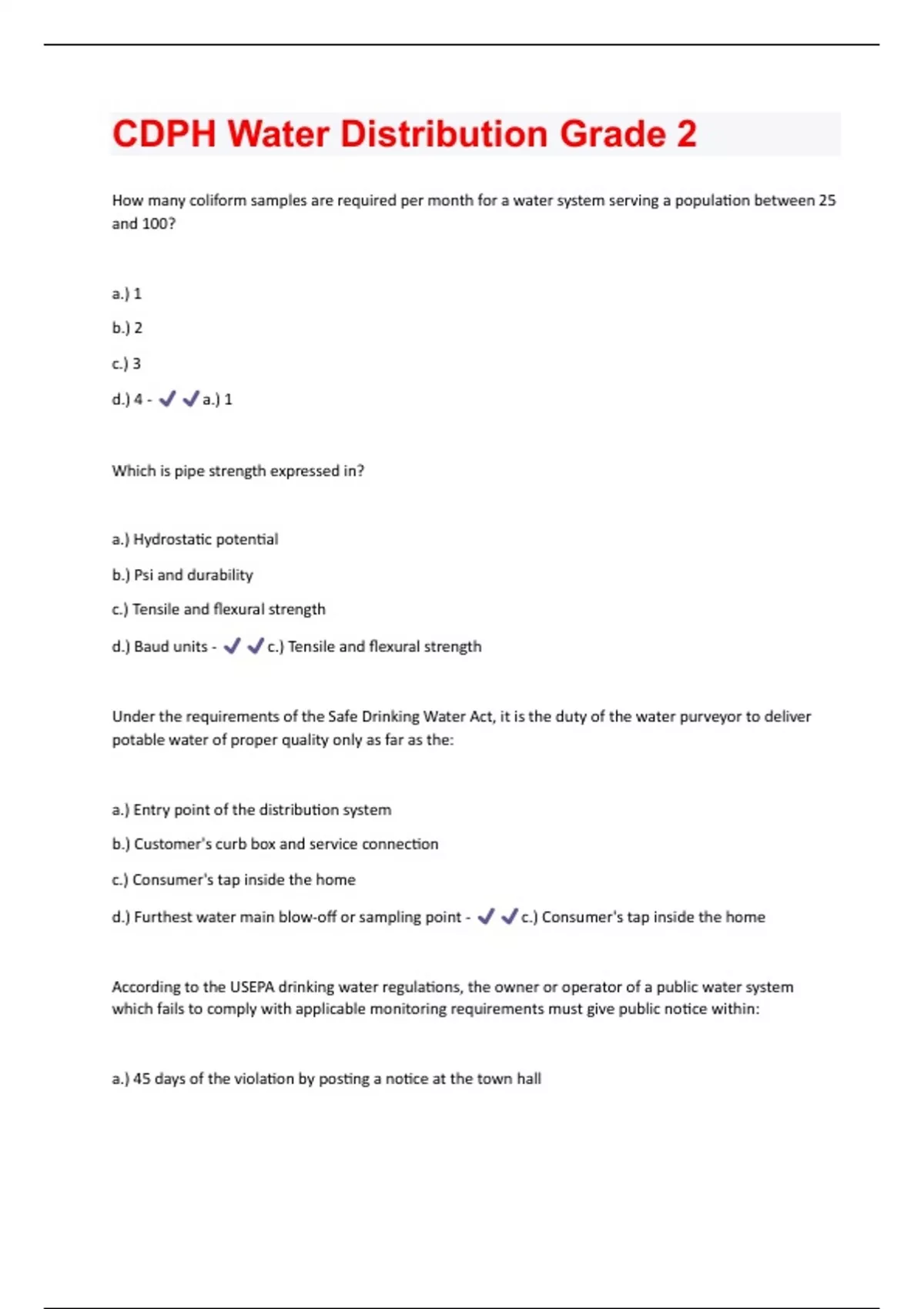 CDPH Water Distribution Grade 2 Latest(2024/2025) Questions and Answers ...