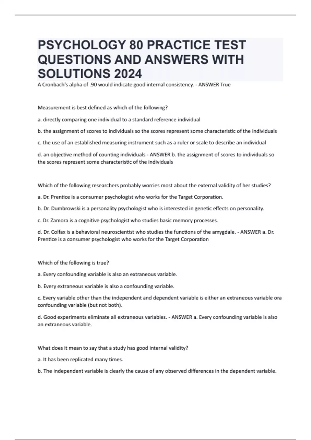 PSYCHOLOGY 80 PRACTICE TEST QUESTIONS AND ANSWERS WITH SOLUTIONS 2024 ...