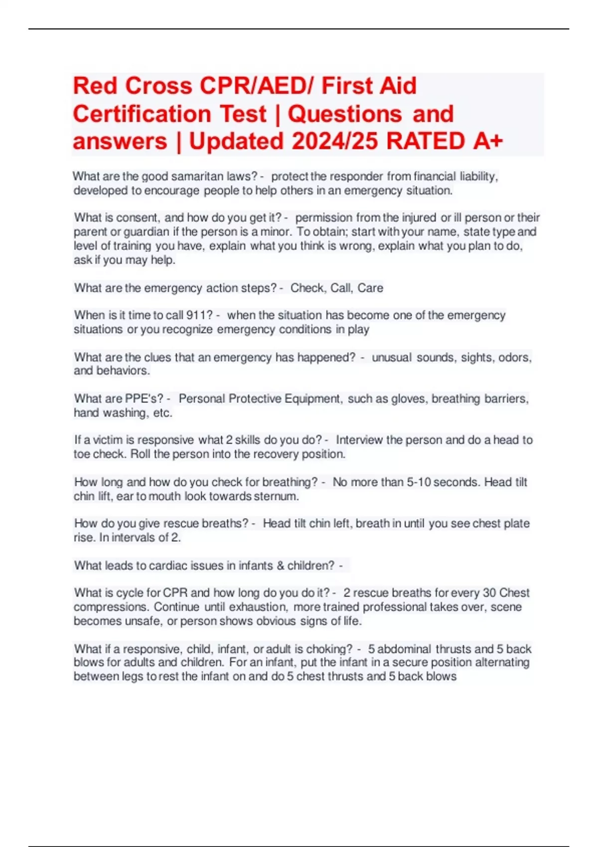Red Cross CPR/AED/ First Aid Certification Test | Questions and answers ...