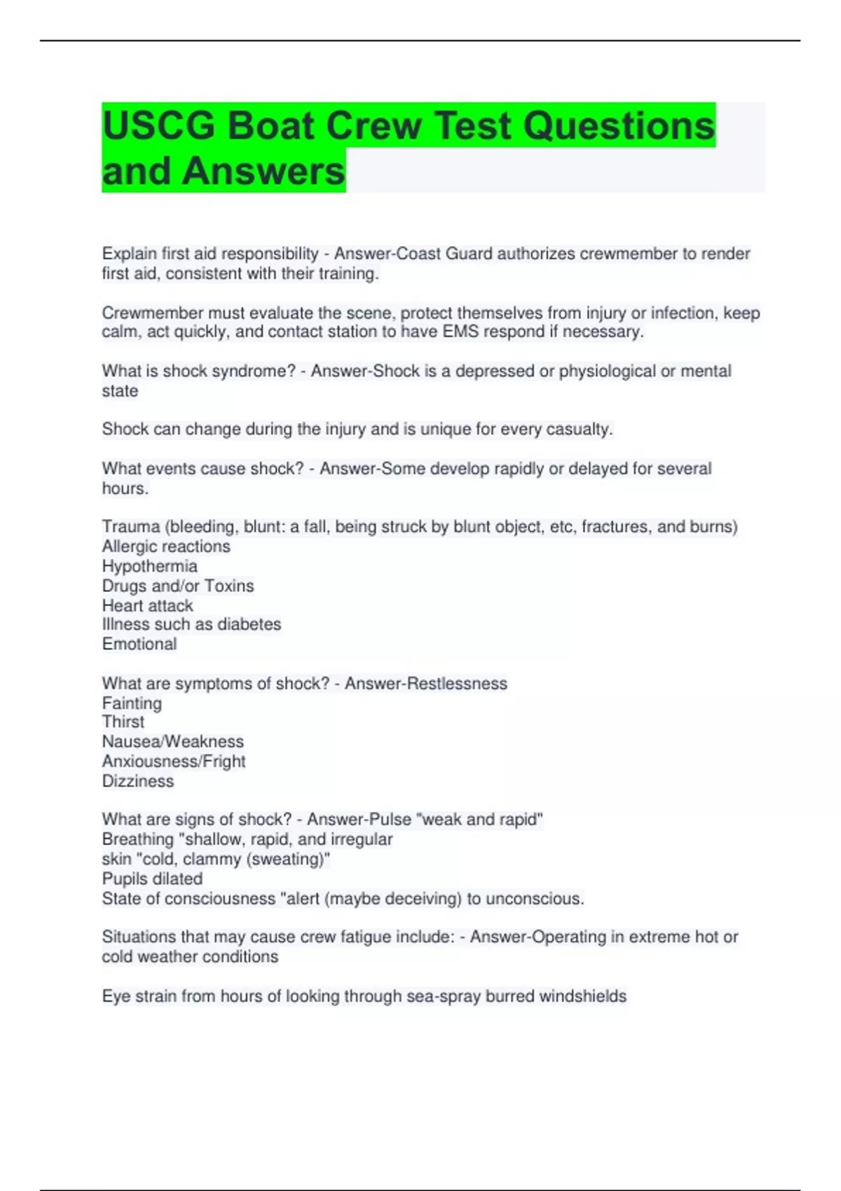 USCG Boat Crew Test Questions and Answers - USCG Boat Crew - Stuvia US