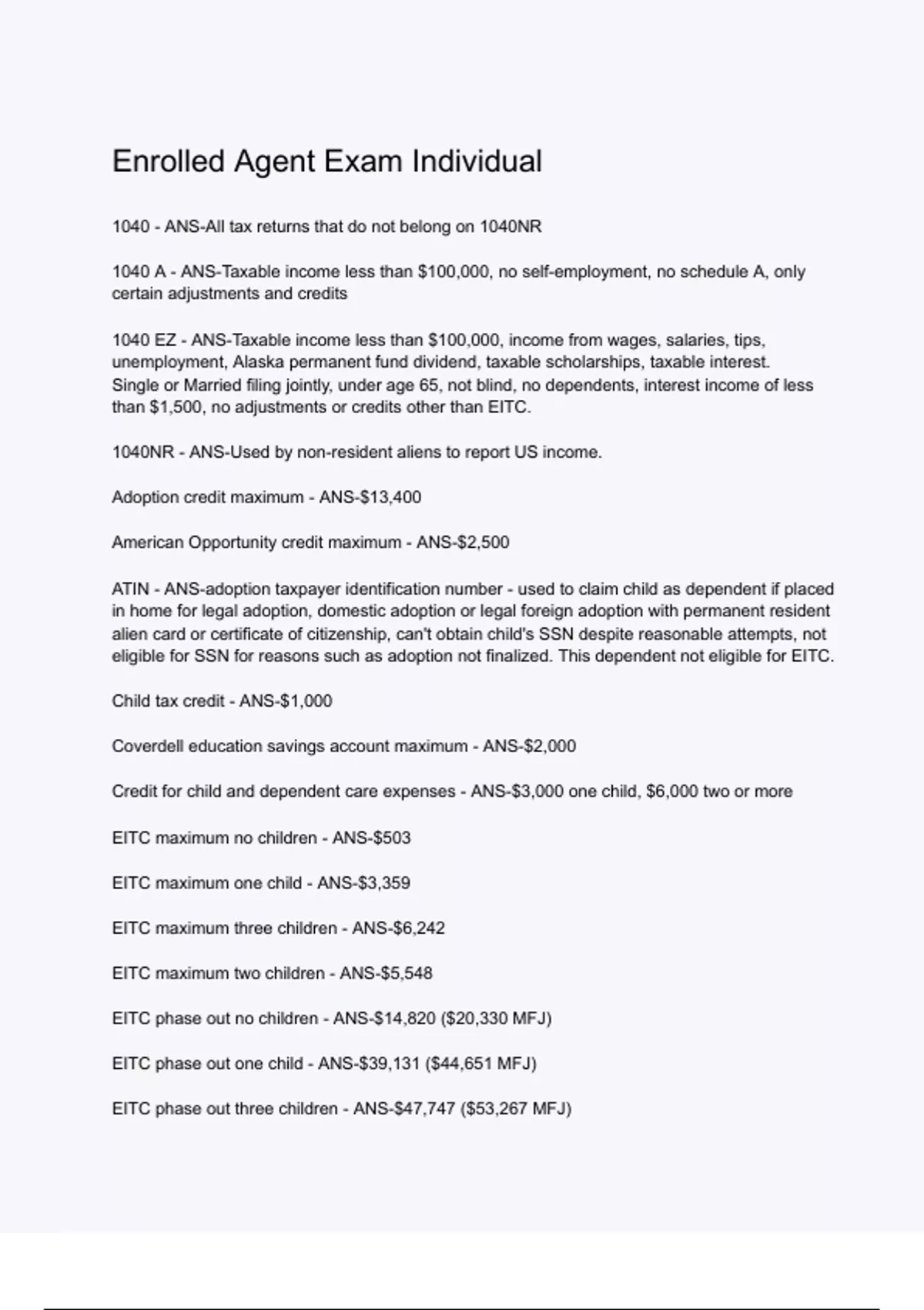 Enrolled Agent Exam Individual questions and correct answers ...